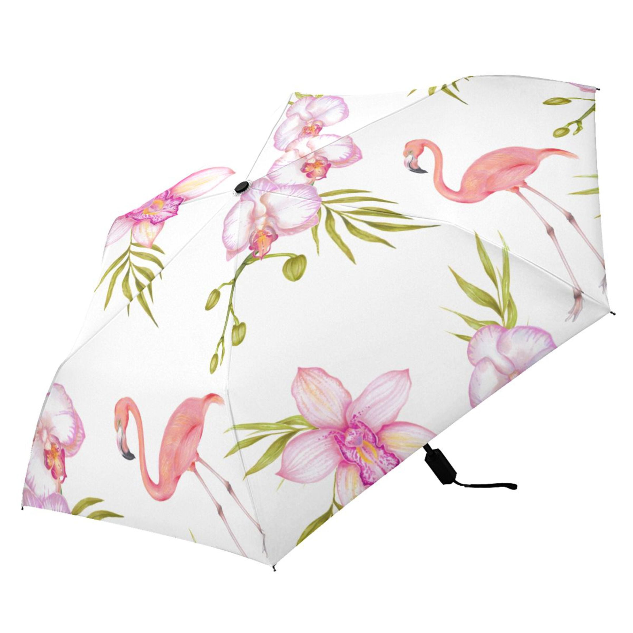 Pink Flamingo Flowers Compact Folding Umbrella for Rain Windproof Travel Umbrella UPF 50 ...