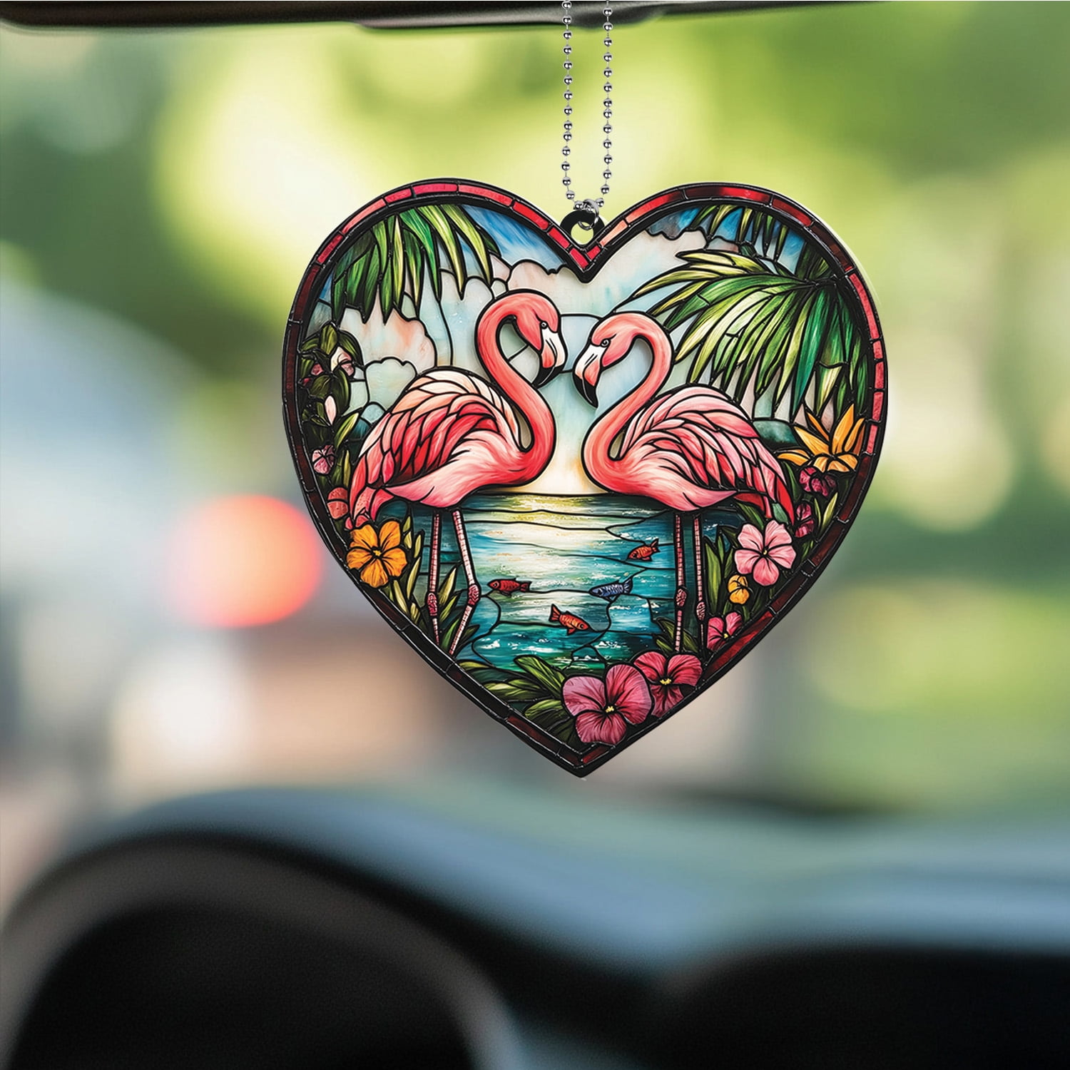 Pink Flamingo with Flowers, Ornaments Car - Car Decoration Acrylic 2D ...