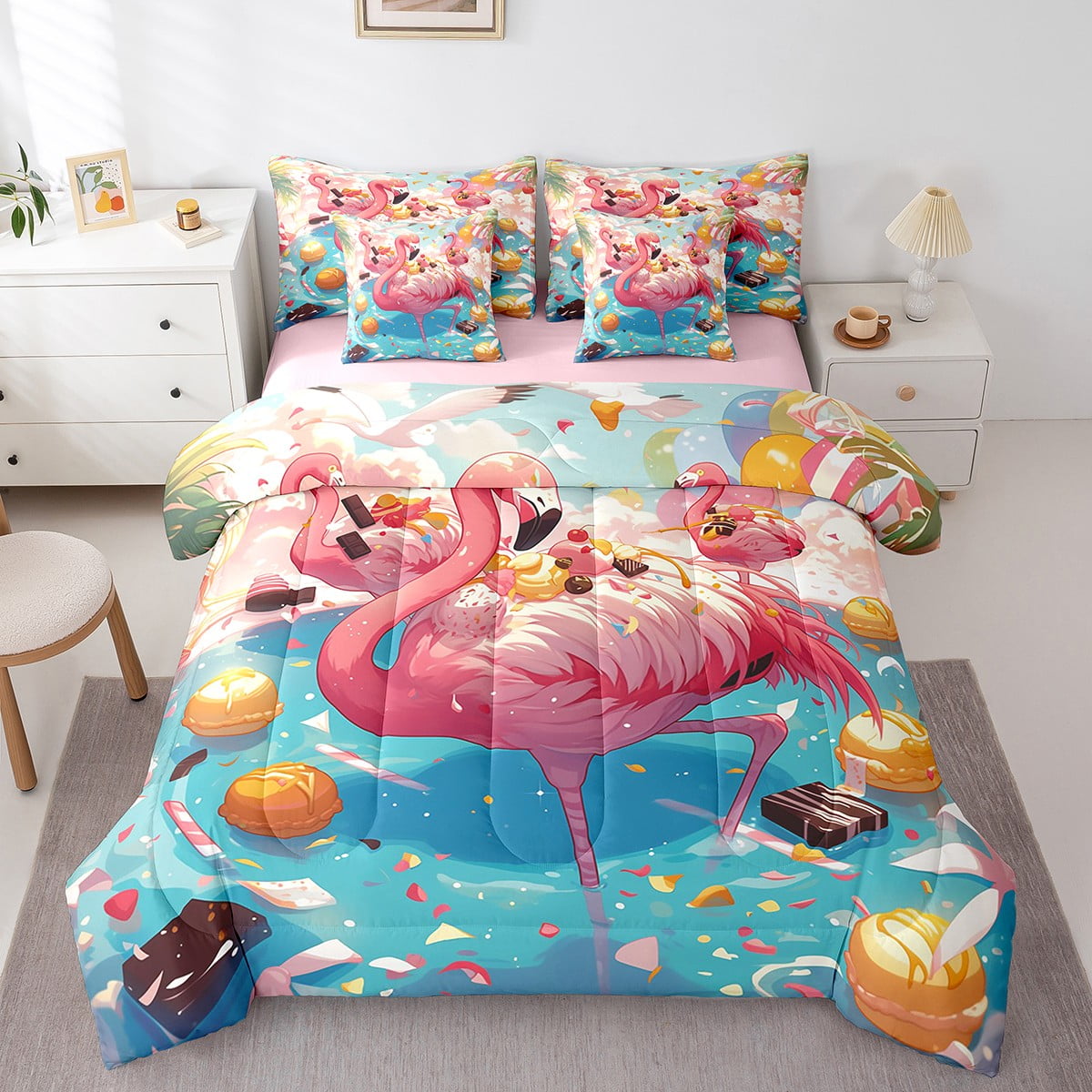 Pink Flamingo Full Bedding Set with Sheets,Ice Cream Dessert Comforter ...