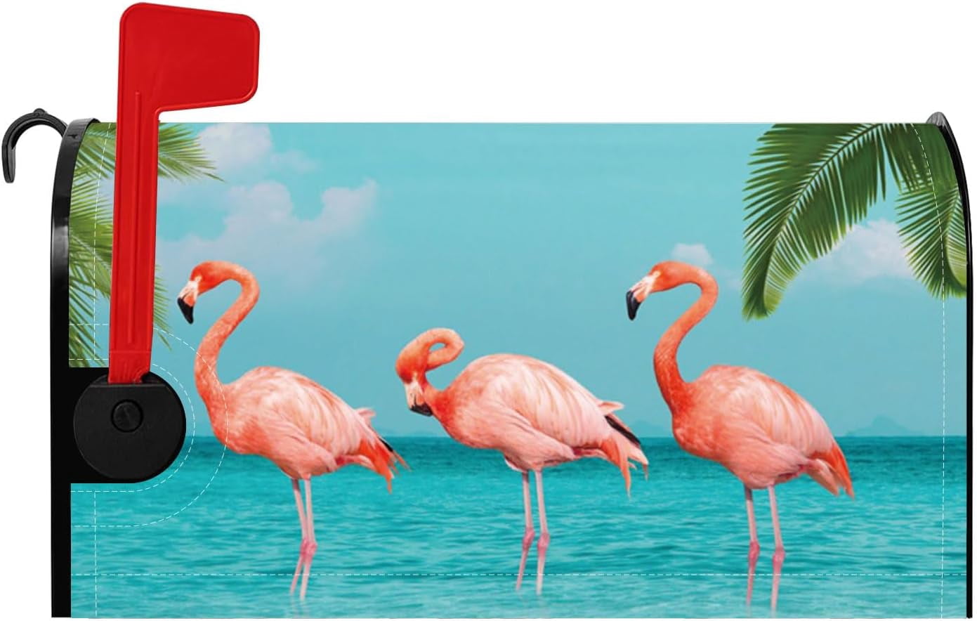 Pink Flamingo Mailbox Cover Seaside Green Palm Leaf Blue Sea Water ...