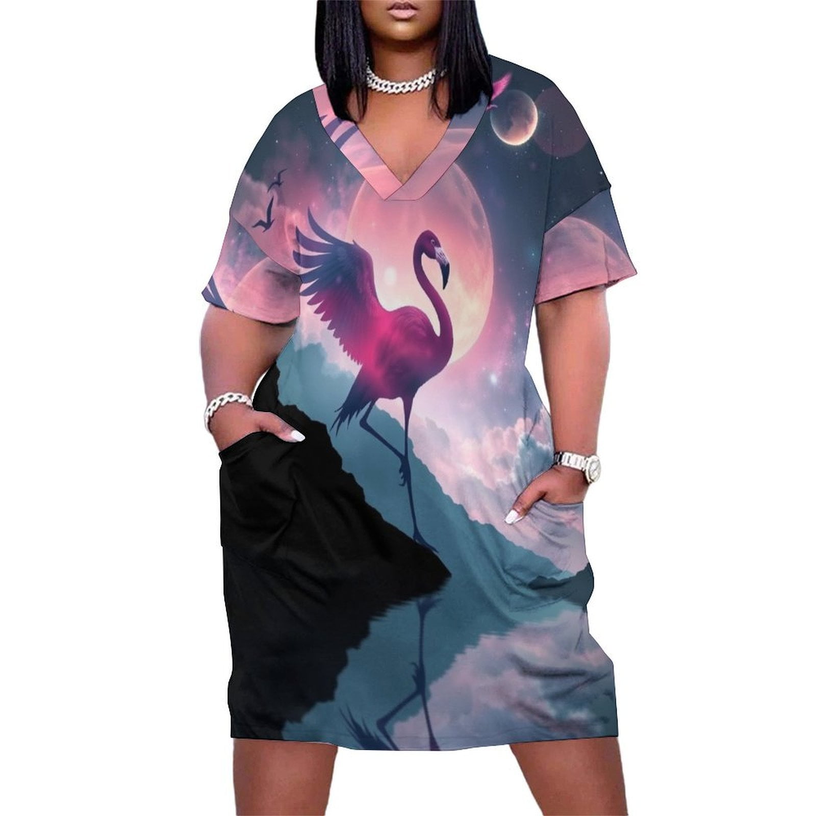 Pink Flamingo Moon Night Loose Pocket Dress Dress for Women Summer Dresses for Special Events ...