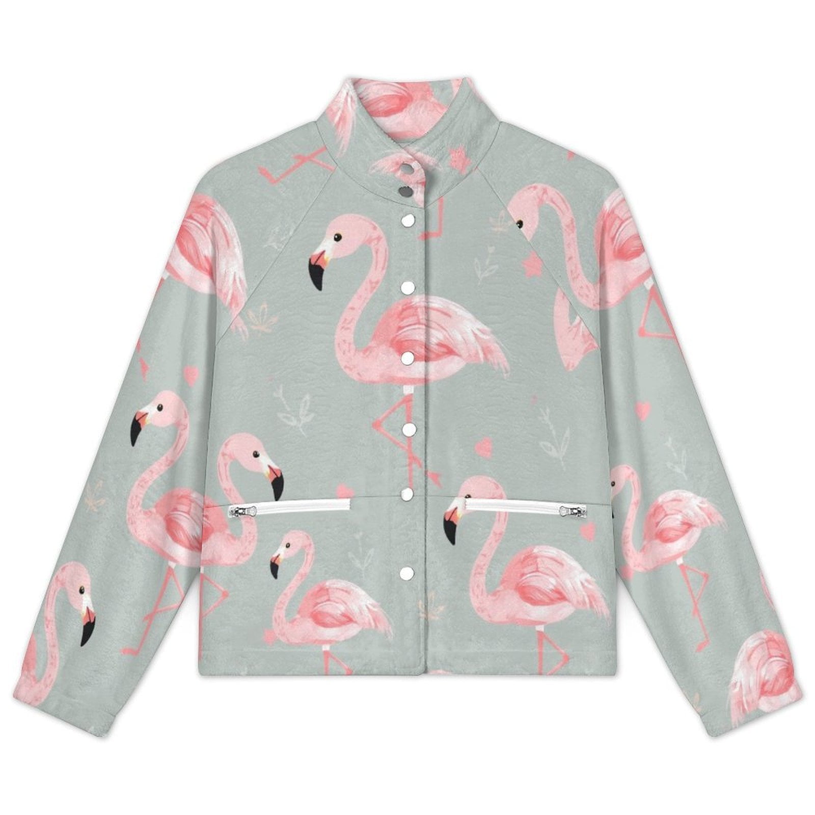 Pink Flamingo Pattern Warm Women's Plush Jacket Stand Collar Full ...