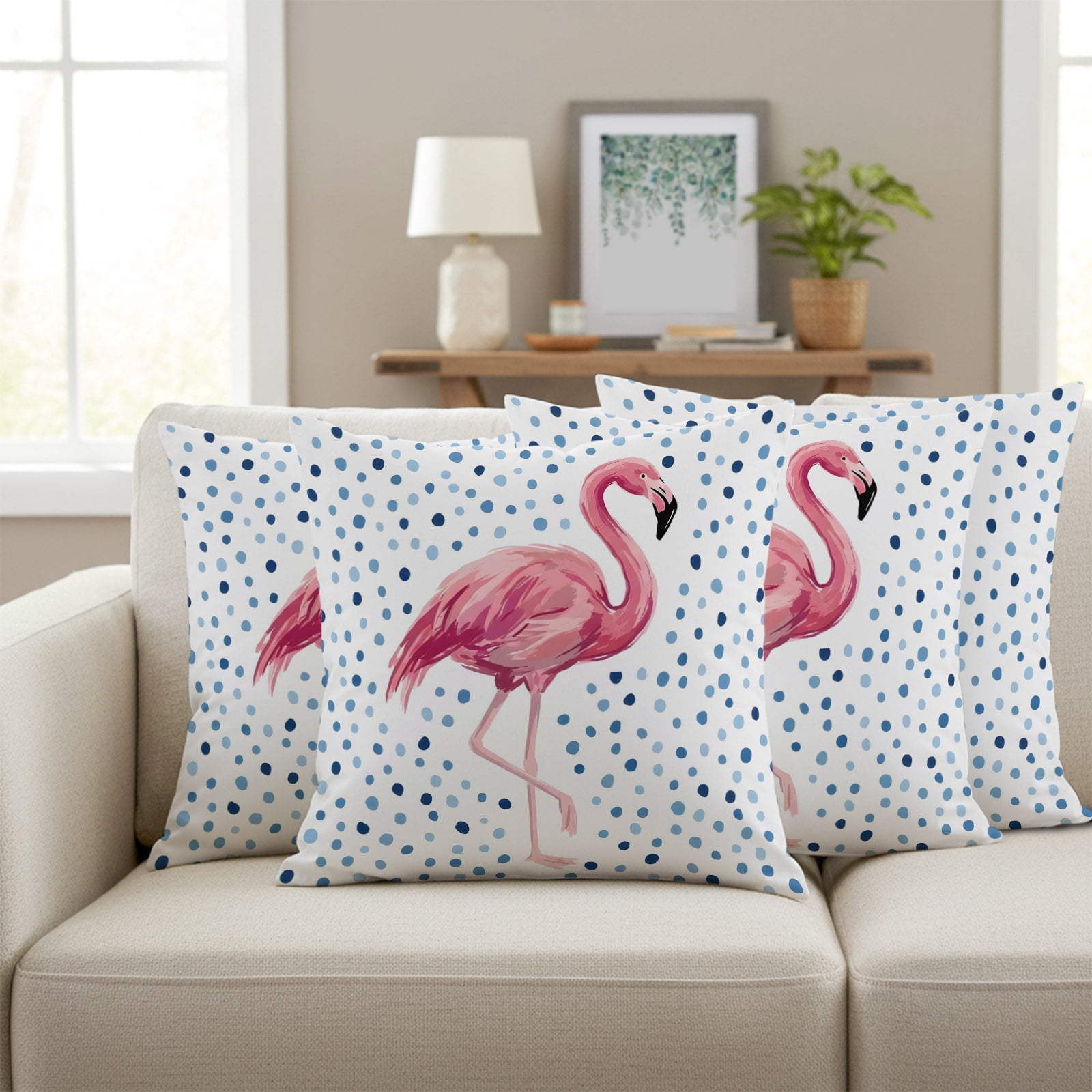 Pink Flamingo Pillow Covers Set of 4, Art Blue Polka Dots Animals ...