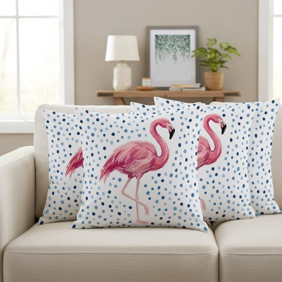 Pink Flamingo Pillow Covers Set of 4, Art Blue Polka Dots Animals ...