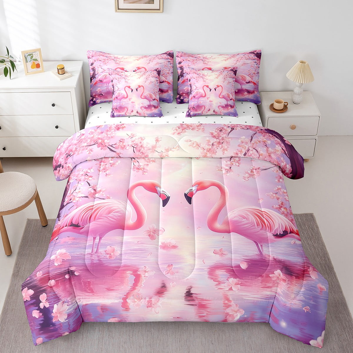 Pink Flamingo Queen Bedding Set 7 Piece Japanese Cherry Blossom ...