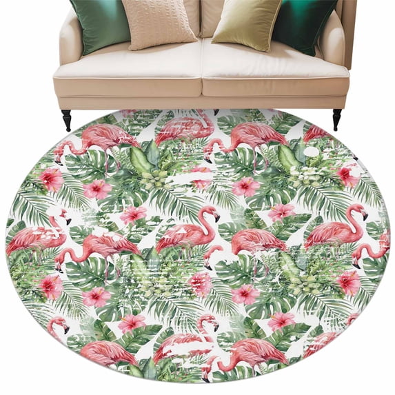 Pink Flamingo Round Living Room Rugs 8 ft, Tropical Leaf Palms Banana ...