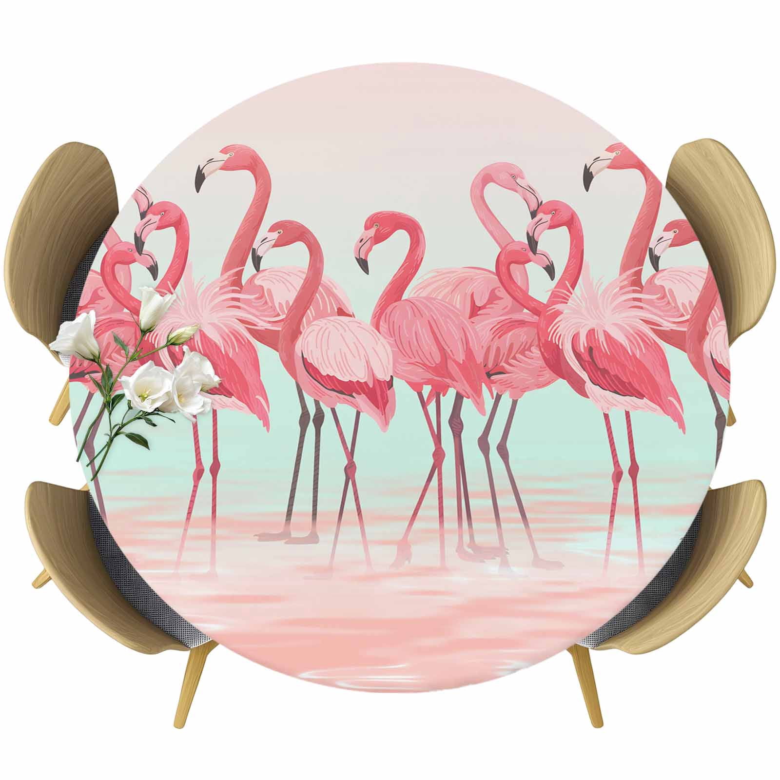 Pink Flamingo Round Tablecloth, Fitted Table Cover with Elastic for 45 ...