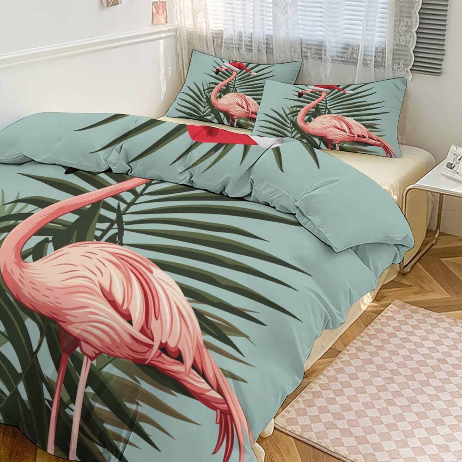 Pink Flamingo with Santa Hat And Palm Leaves 3 Pcs Soft Bedding Set ...