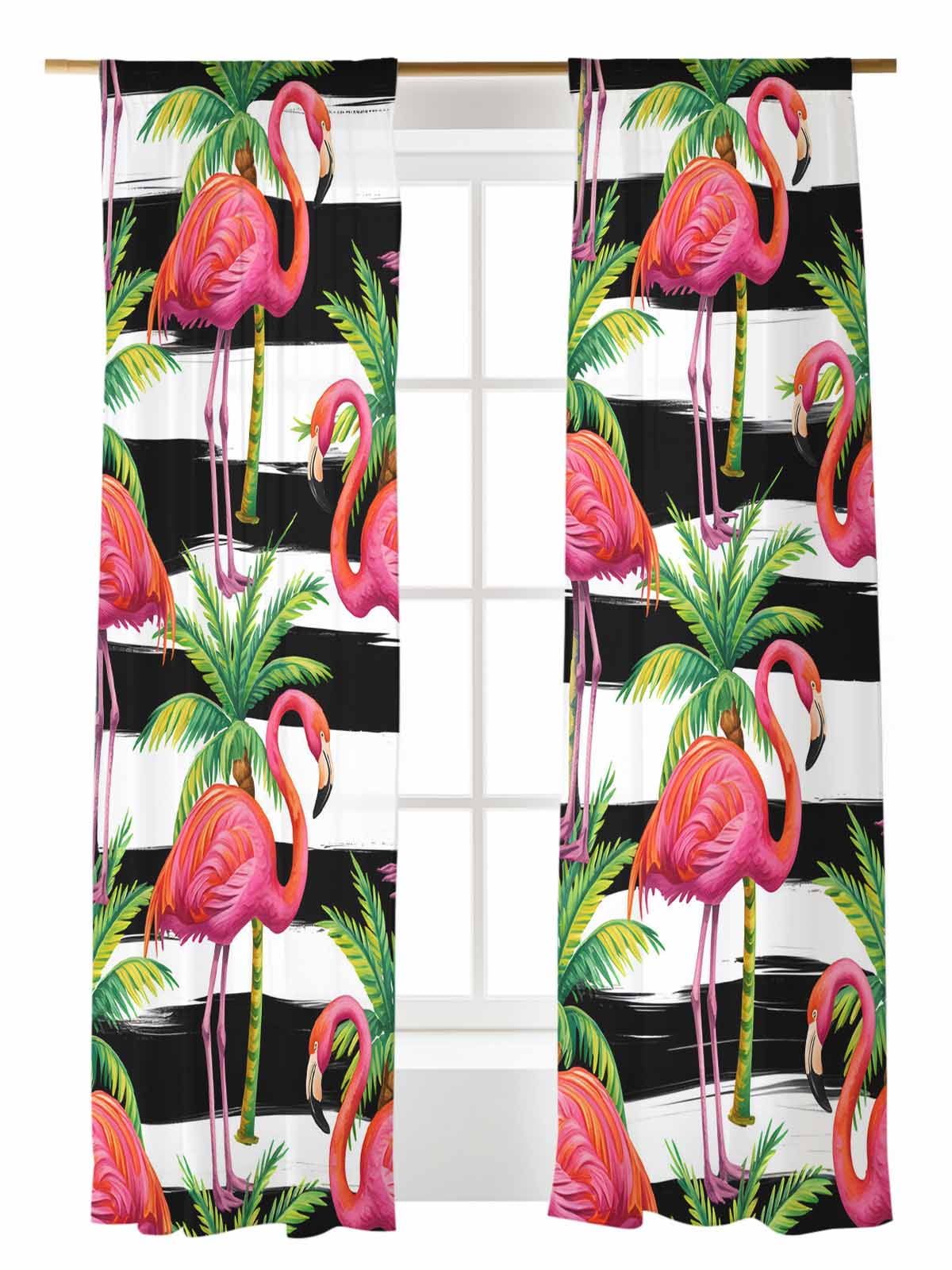 Pink Flamingo Sheer Curtains 2 Panels Set Palm Leaf White Black Striped ...