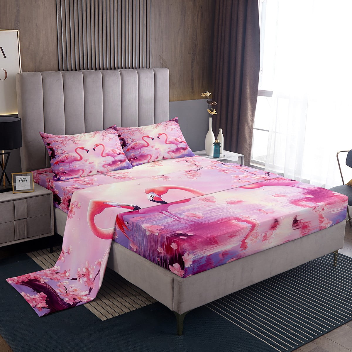 Pink Flamingo Sheet Set Queen Japanese Cherry Blossom Bed Sheets For ...