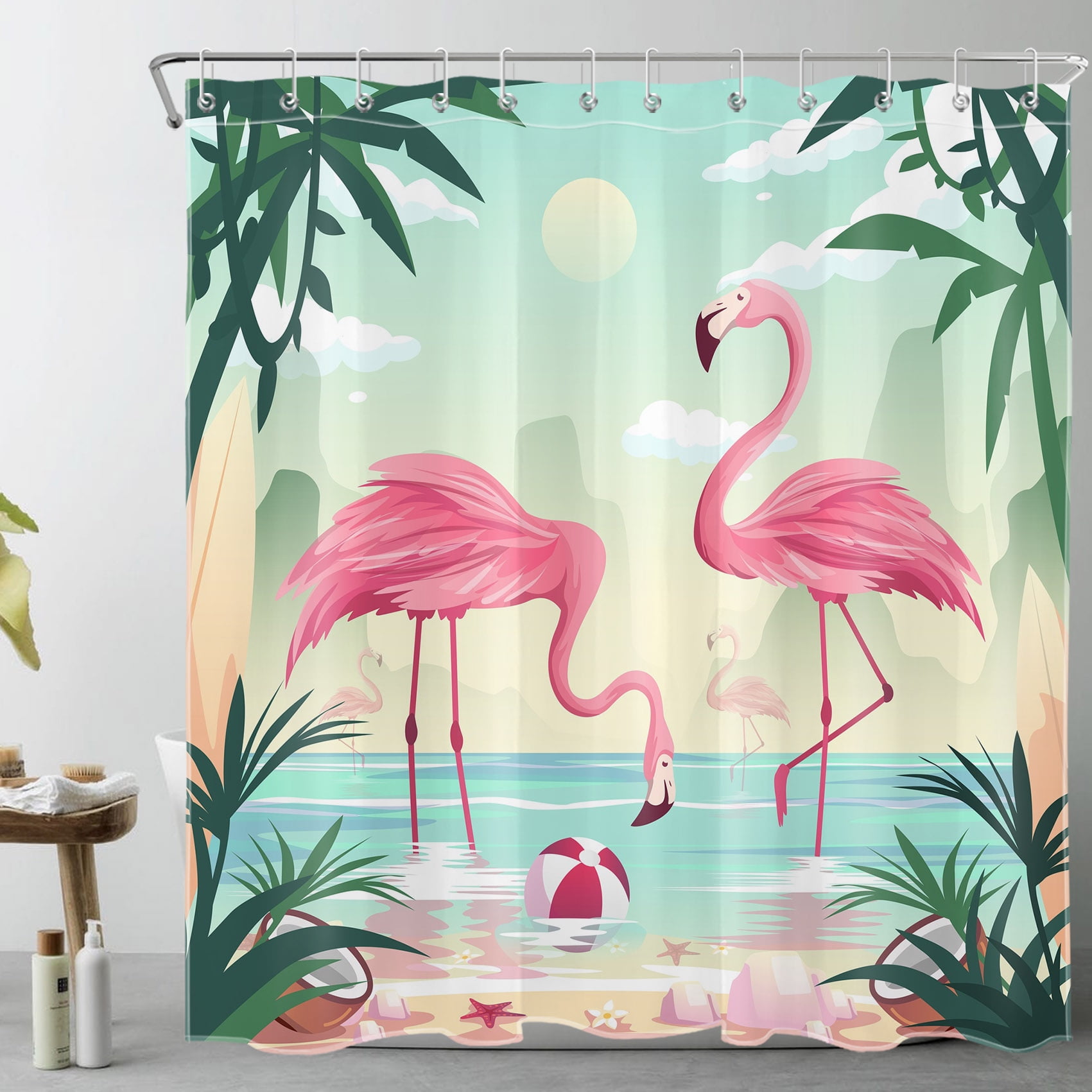 Pink Flamingo Shower Curtain for Bathroom Abstract Mountain and Tropical Plant Palm Tree ...