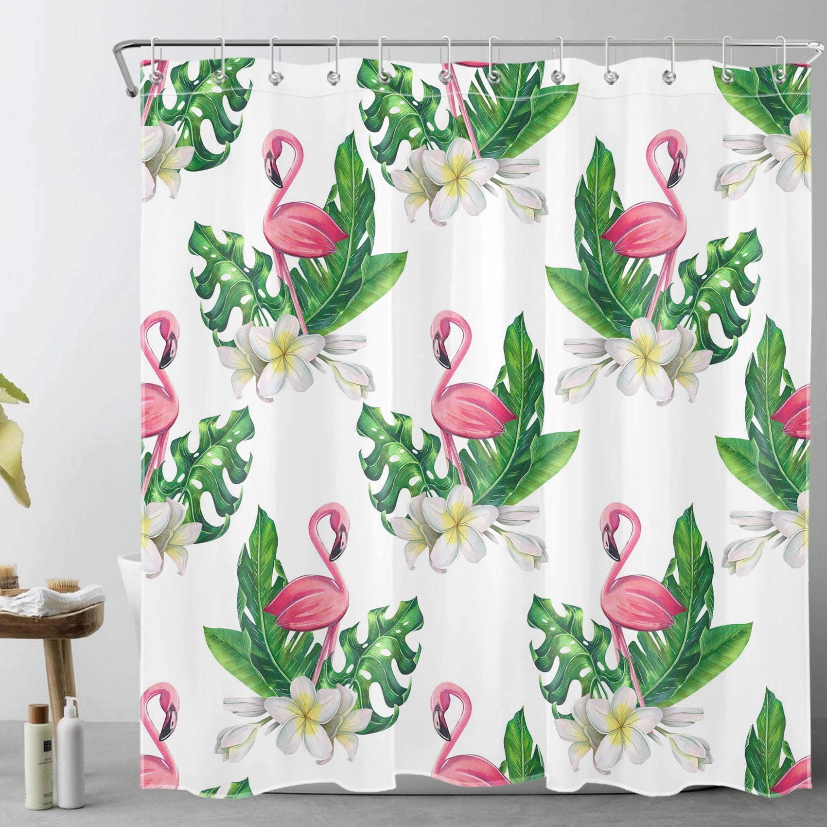Pink Flamingo Shower Curtain for Bathroom Green Monstera Leaf and Floral on White Bathroom ...
