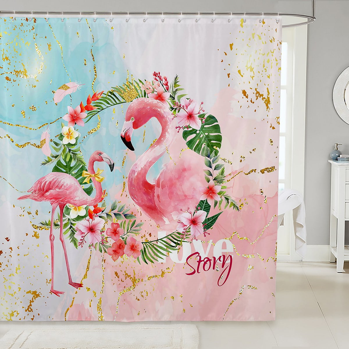 Pink Flamingo Shower Curtain Girls Flamingo Bath Curtain Cute Animal ...