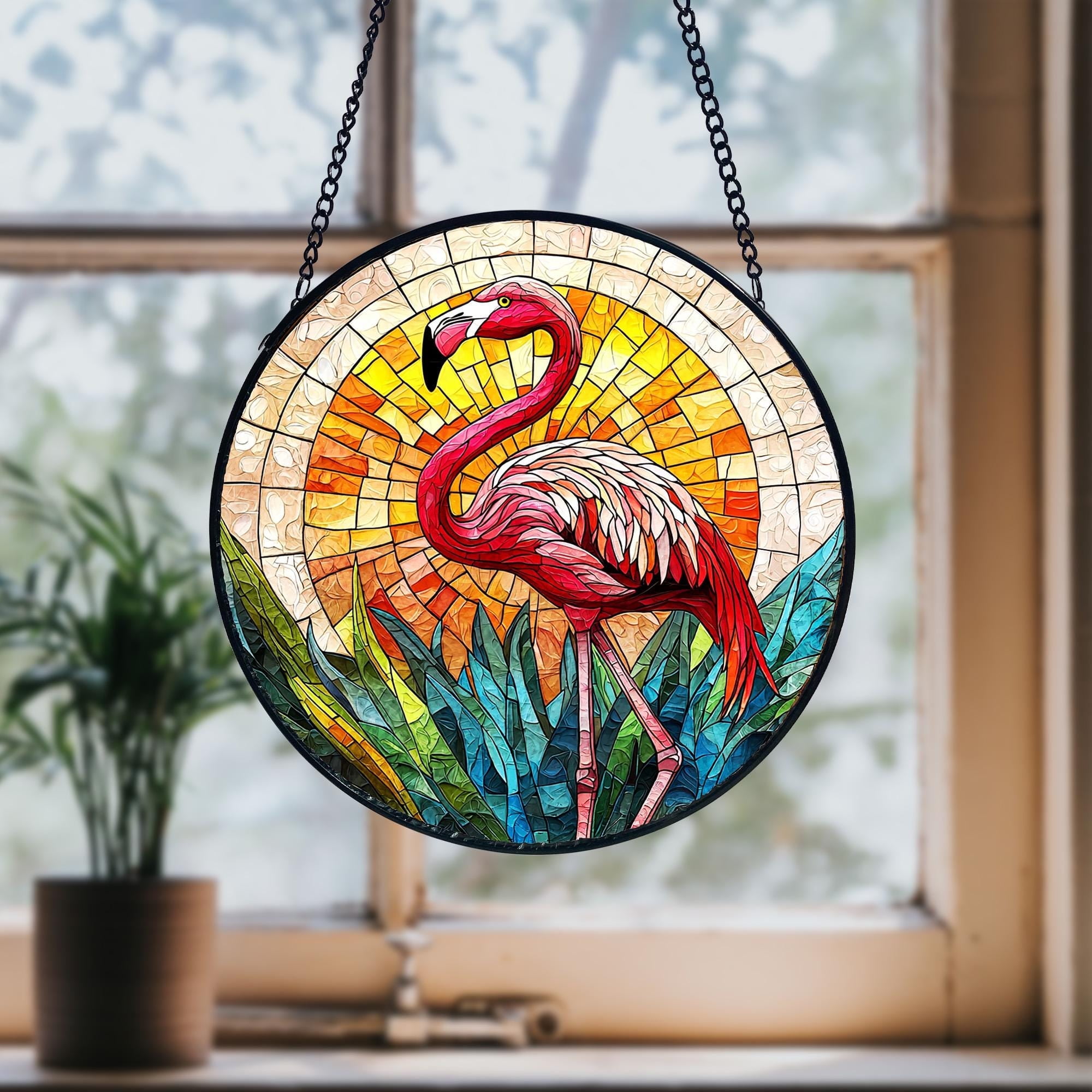 Pink Flamingo Stained Glass Style Window Hanging, Tropical Bird Lover ...