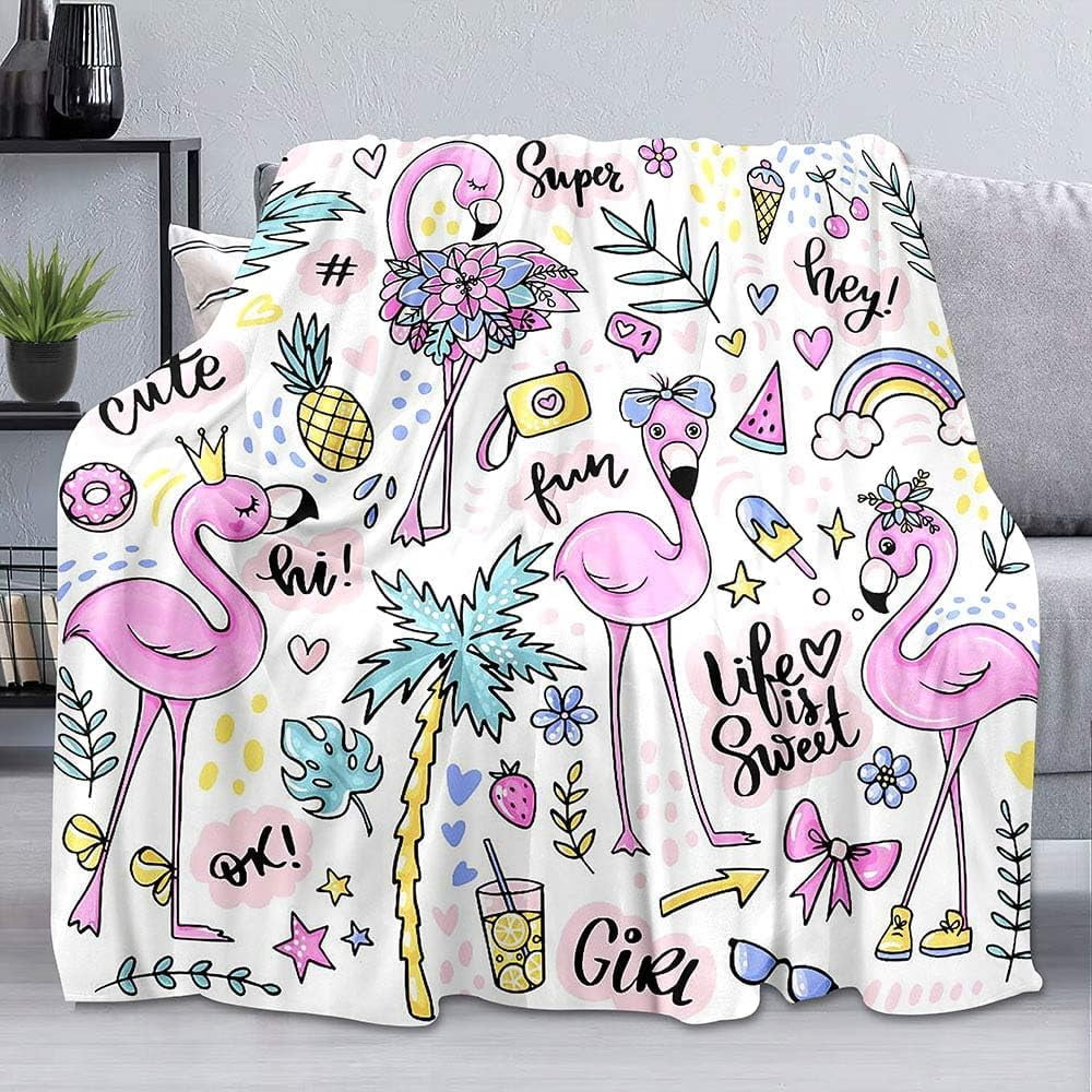 Pink Flamingo Throw Blanket, Cartoon Tropical Palm Tree Floral Rainbow ...