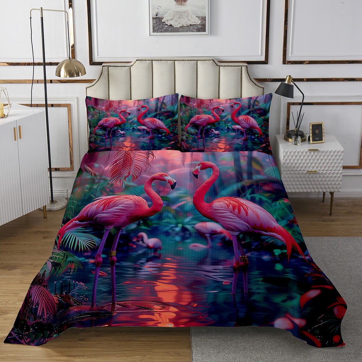 Pink Flamingo Twin Quilt Set Dreaming Jungle Coverlet Set, Woodland ...
