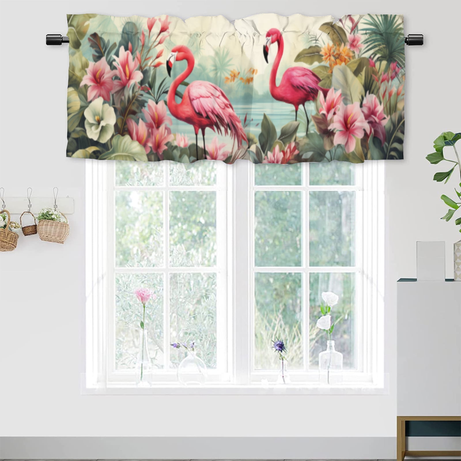 Pink Flamingo Window Curtain Valances Tropical Palm Leaf Floral Pink ...