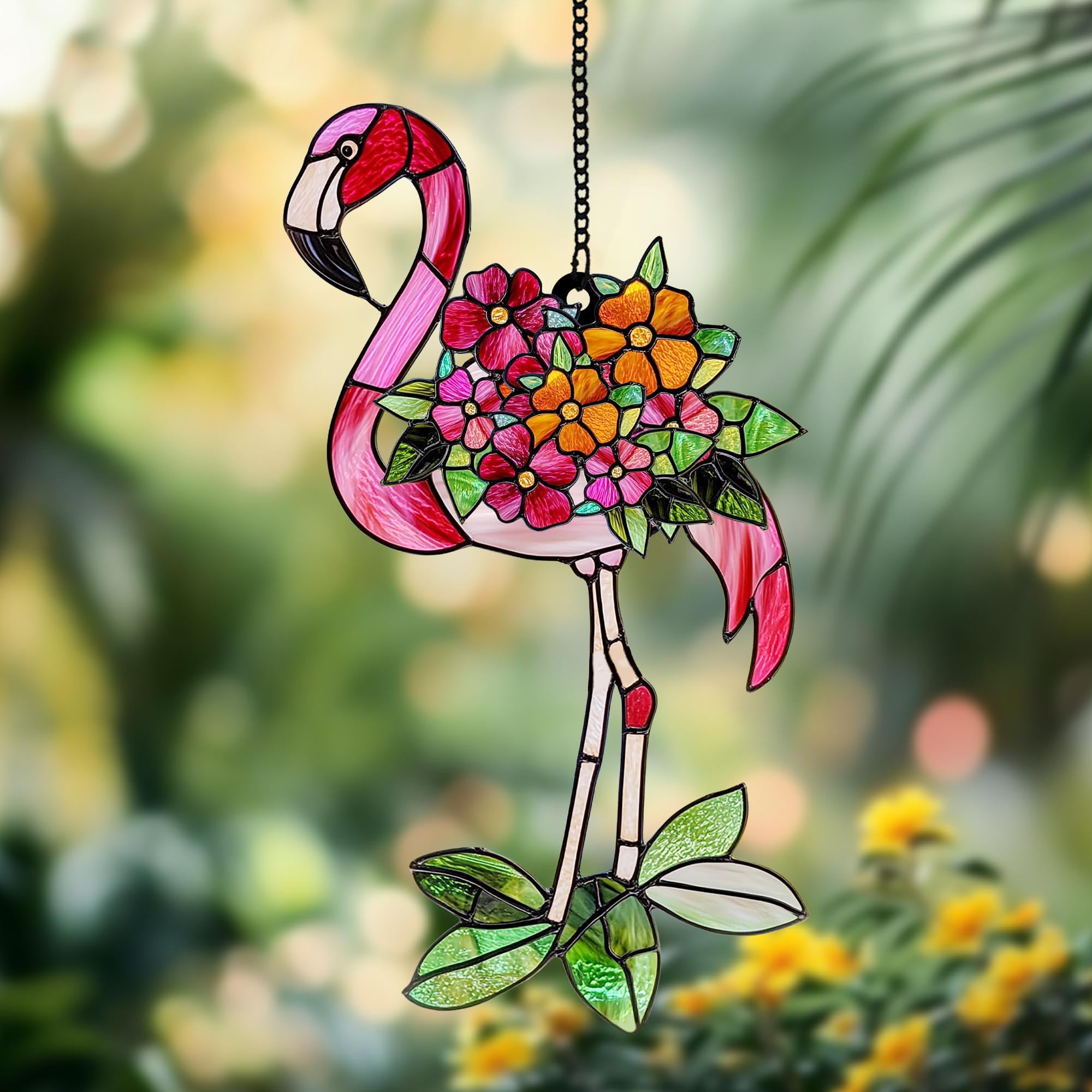 Pink Flamingo Window Hanging, Faux Stained Glass Suncatcher, Flower ...