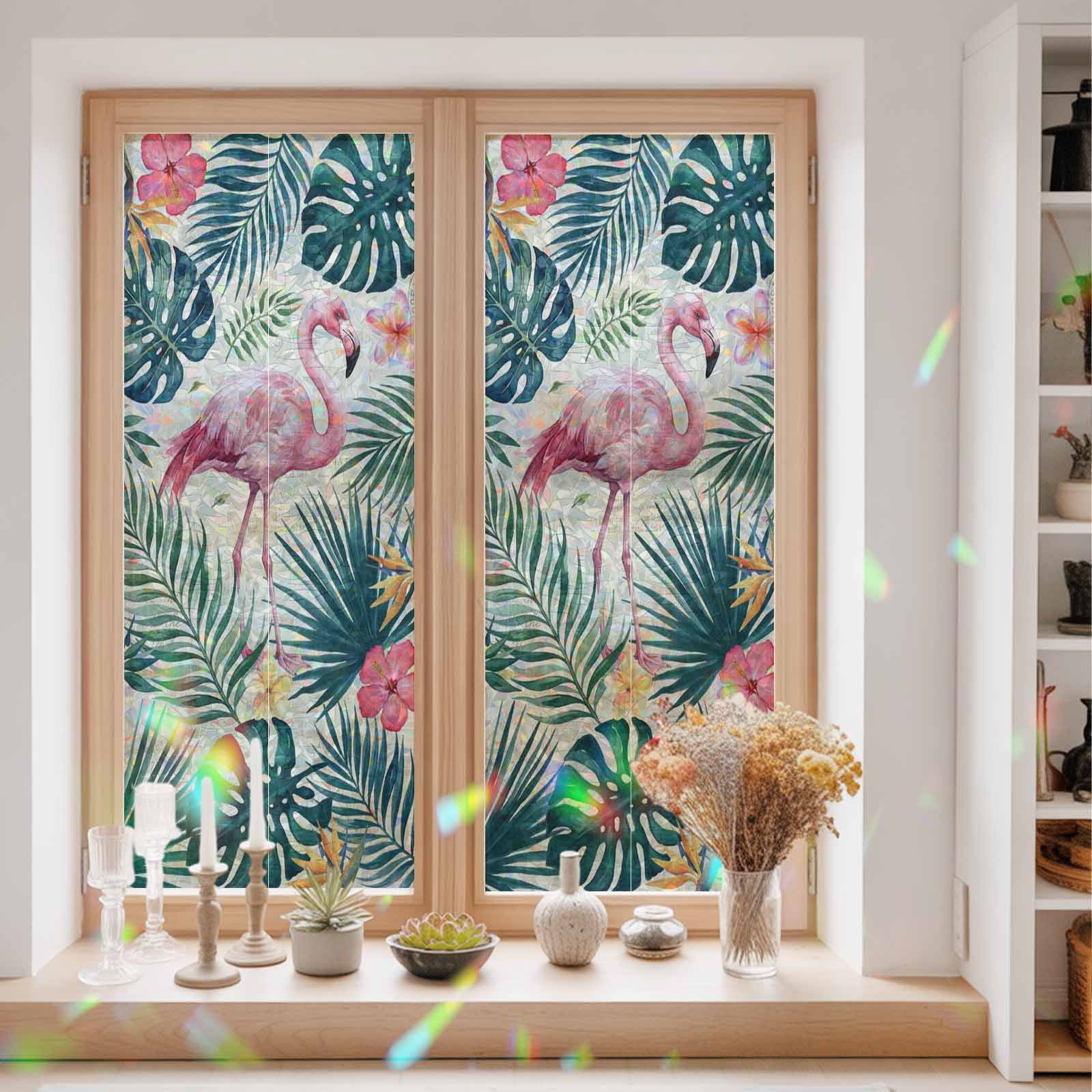 Pink Flamingo Window Privacy Film Palm Leaves Tropical Botanical Summer ...