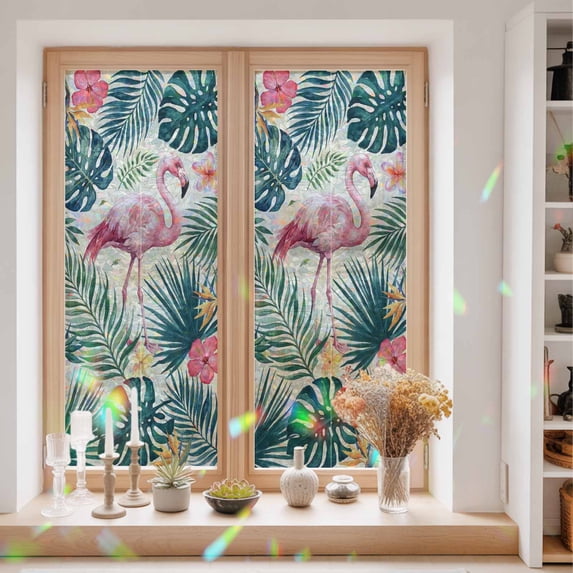 Pink Flamingo Window Privacy Film Palm Leaves Tropical Botanical Summer ...