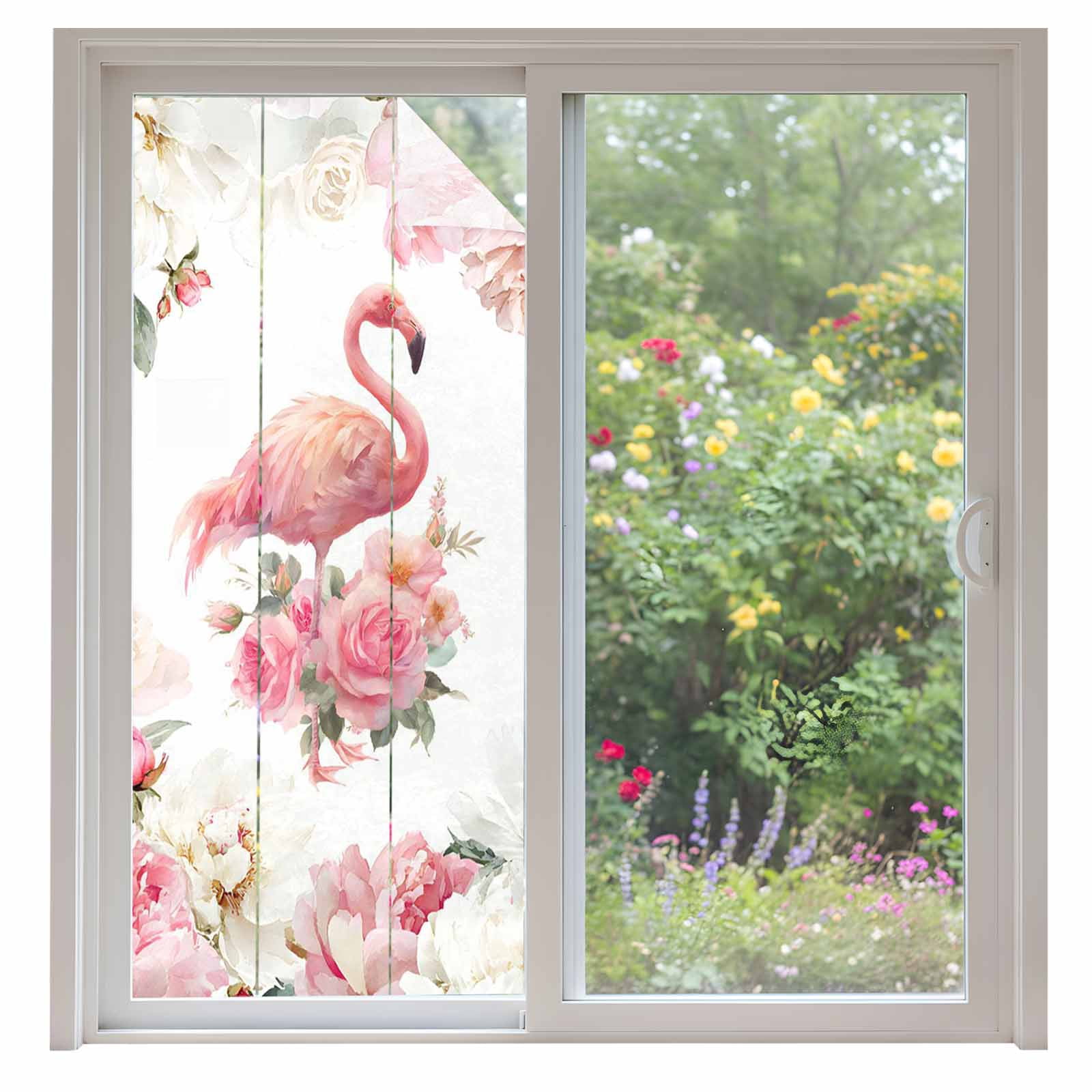Pink Flamingo Window Privacy Film, Watercolor Flowers Spring Floral ...
