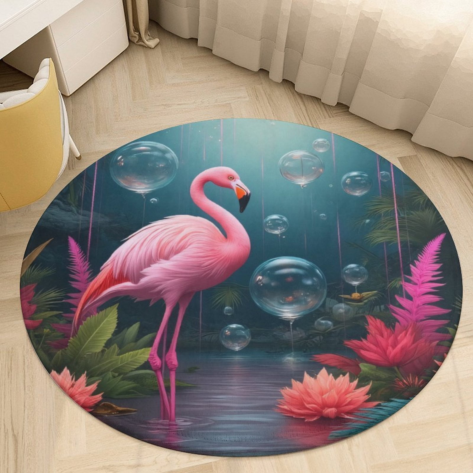Pink Flamingo in Tropical Garden Round Area Rugs for Bedroom Living ...