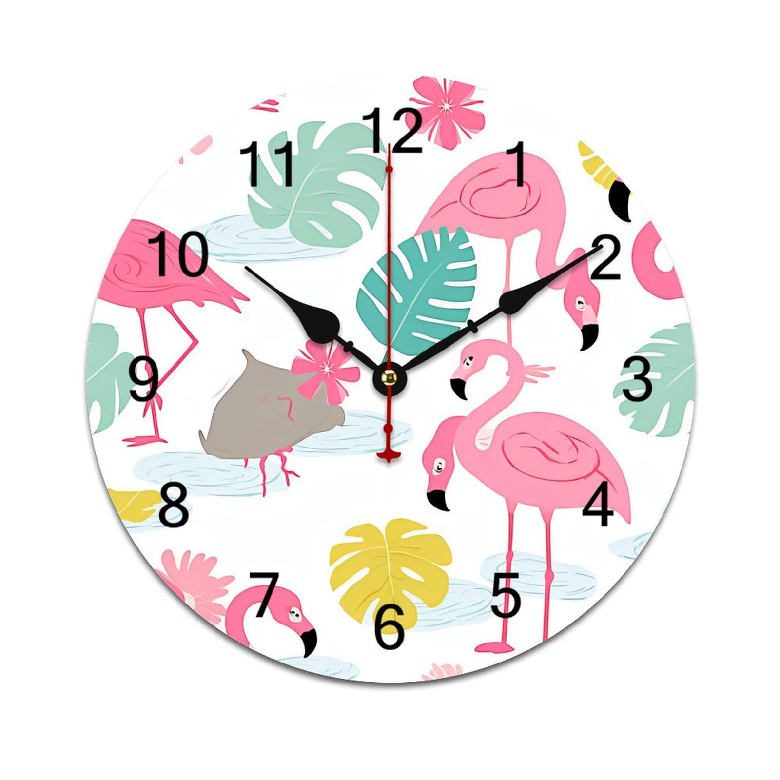 Pink Flamingos And Tropical Leaves Bedroom Wall Clock Large Modern ...