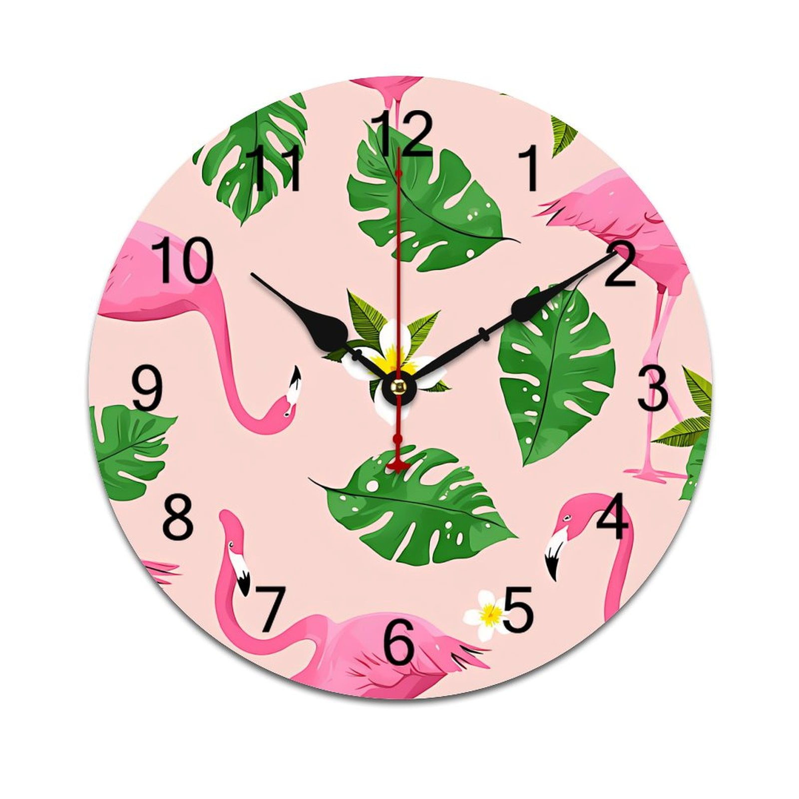Pink Flamingos And Tropical Leaves Bedroom Wall Clock Large Modern ...