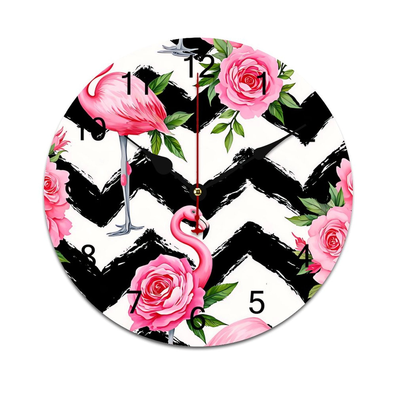 Pink Flamingos And Tropical Leaves Printed Silent Wall Clock Round ...