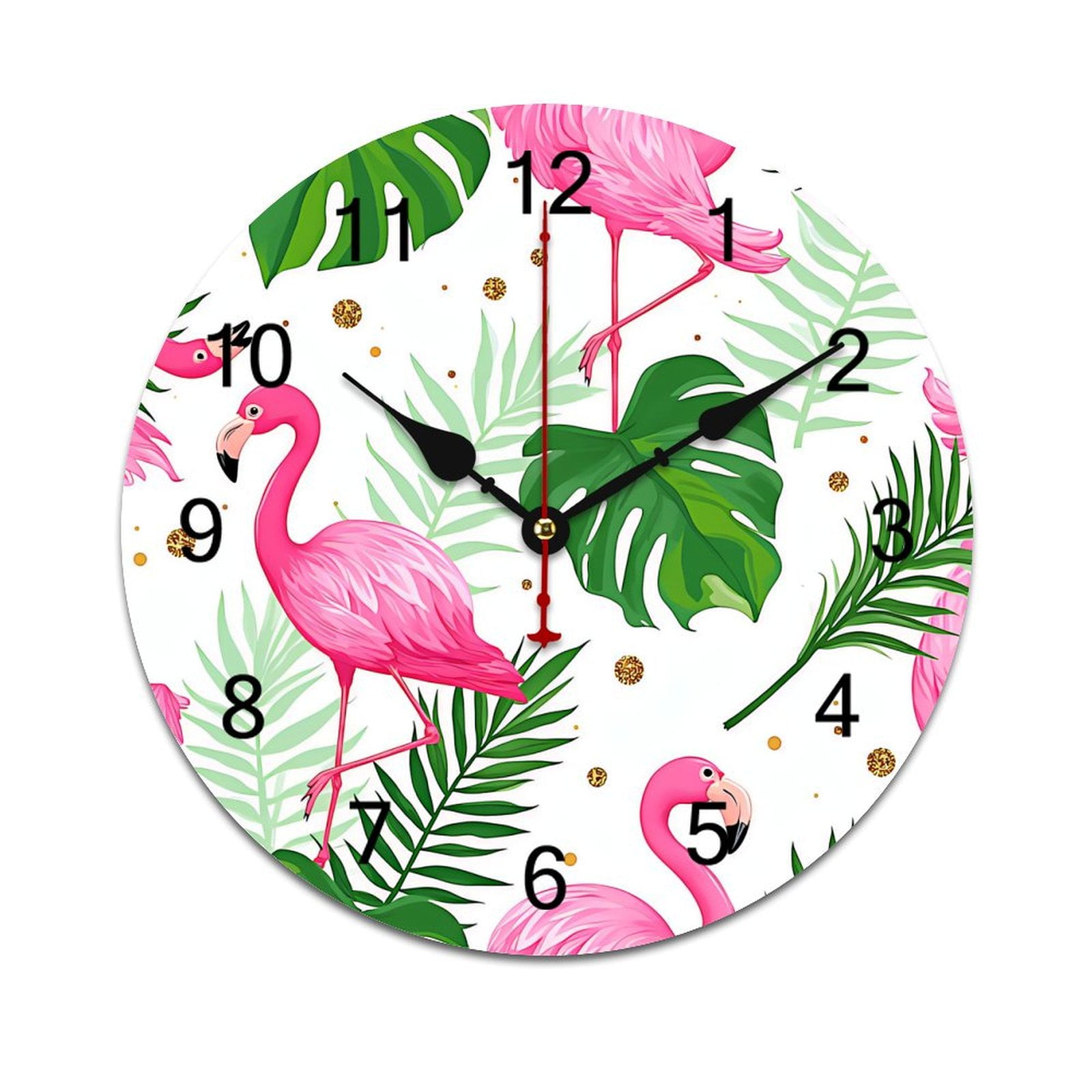 Pink Flamingos And Tropical Leaves Printed Silent Wall Clock Round ...