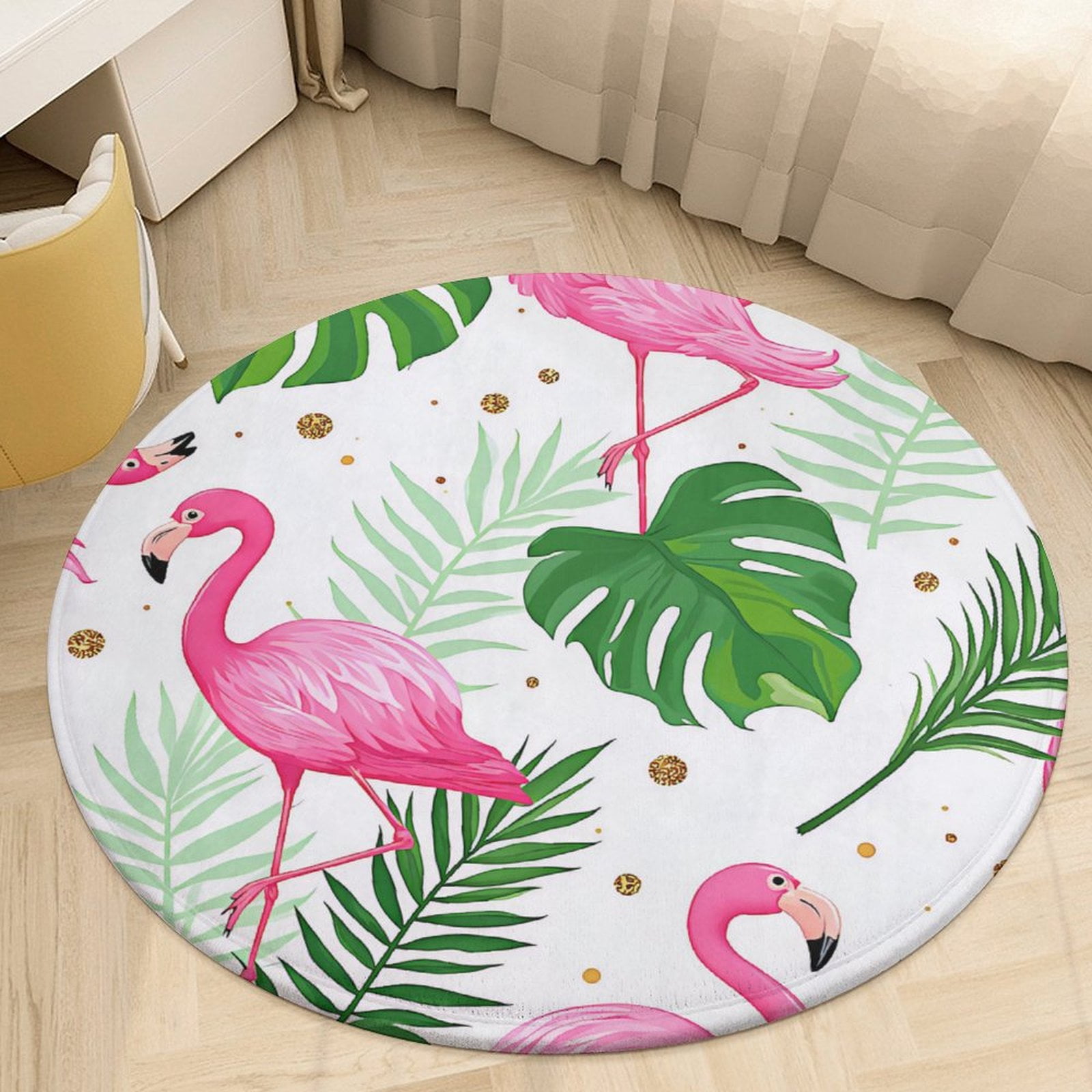 Pink Flamingos And Tropical Leaves Round Area Rugs for Bedroom Living ...
