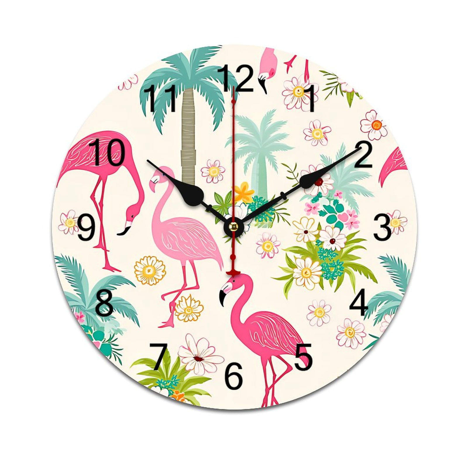 Pink Flamingos And Tropical Leaves Word Saying Big Wall Clock Home ...