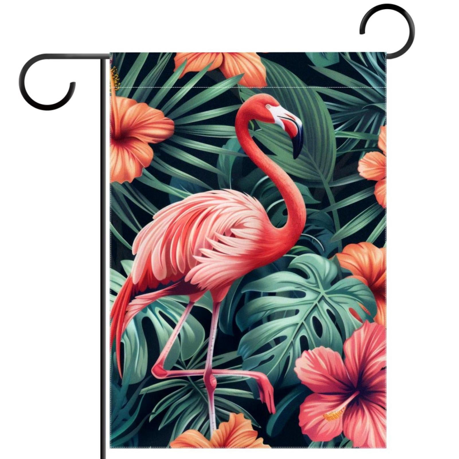 Pink Flamingos Exotic Flowers Palm Leaves Flowers Welcome Garden Flags ...