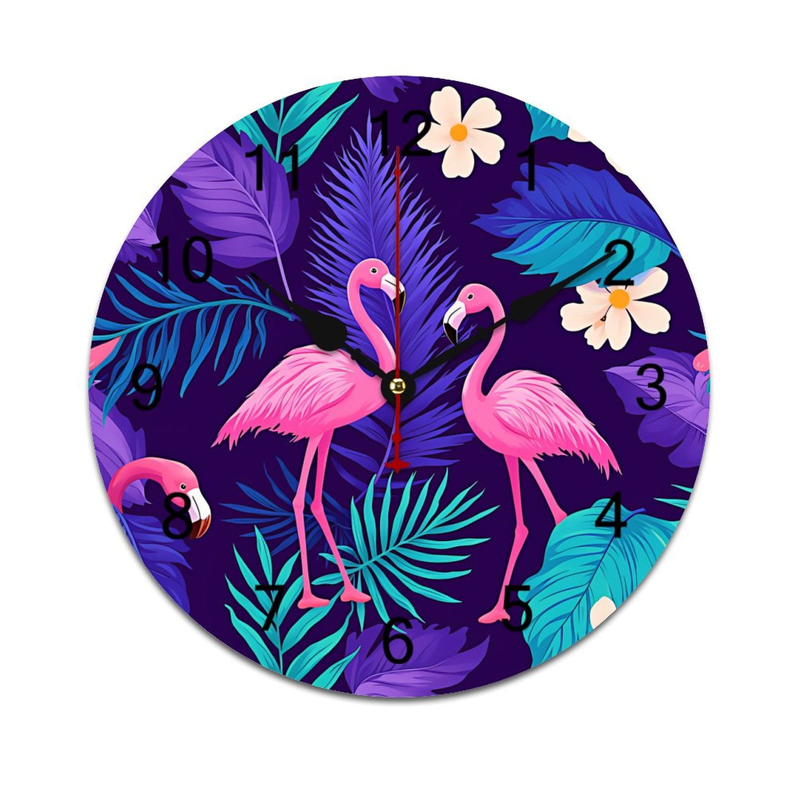 Pink Flamingos Printed Silent Wall Clock Round Kitchen Clock Chic Quiet ...