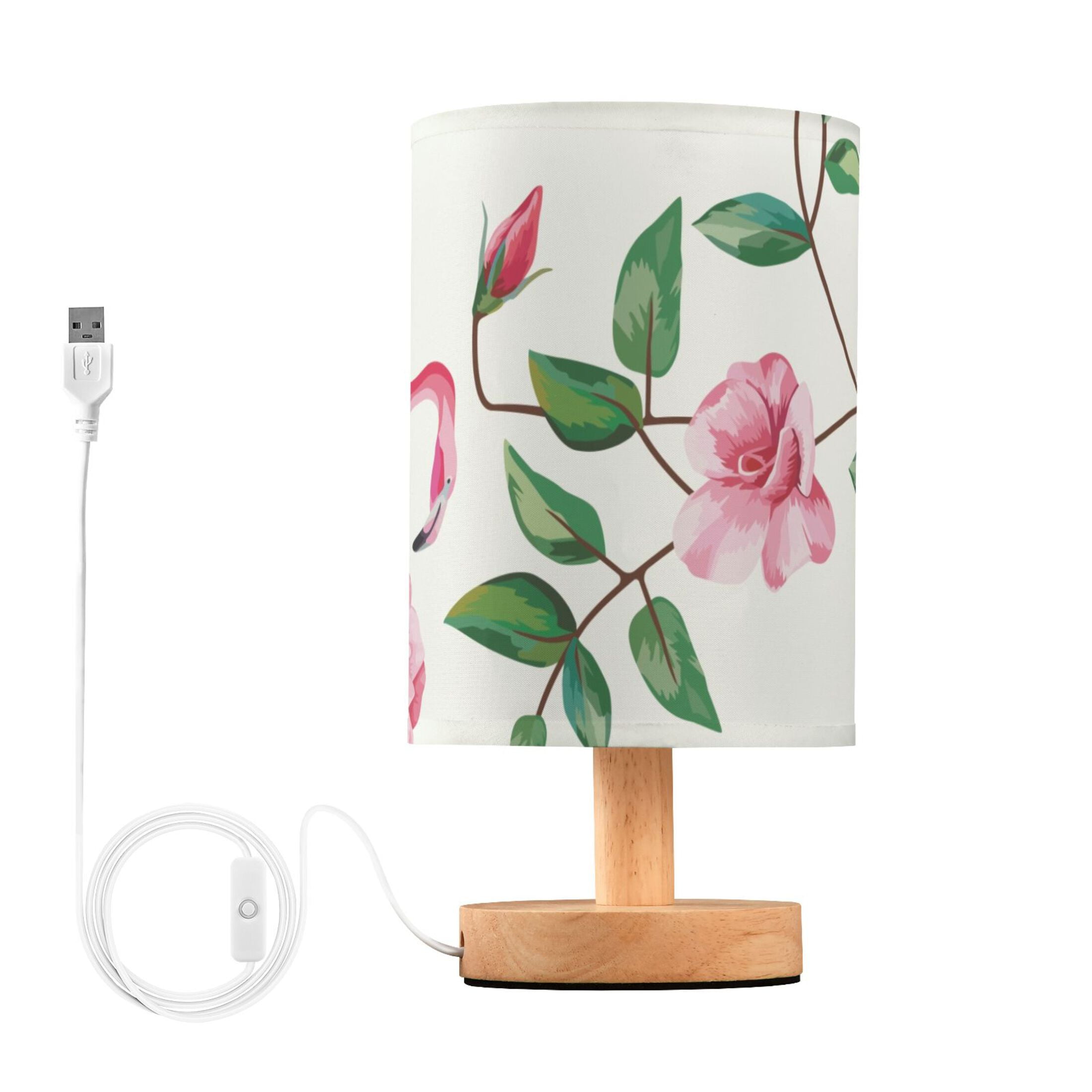 Pink Flamingos in Rose Flowers Bedside Table Lamp LED Warm Lights with ...