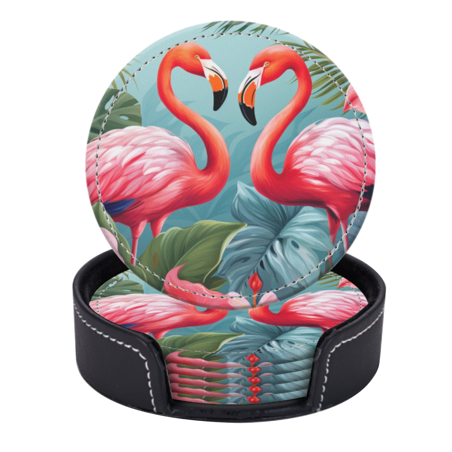 PU Leather Coasters for Drinks Bar Beer,Set of 6 with Holder,Round ...