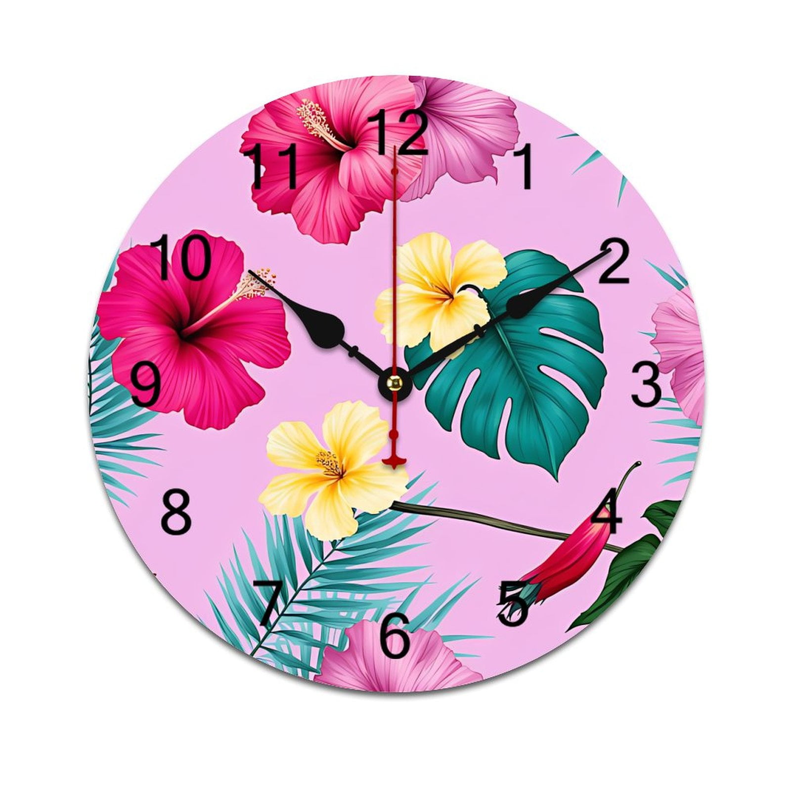 Pink Flamingos Tropical Leaves And Flower Printed Silent Wall Clock ...