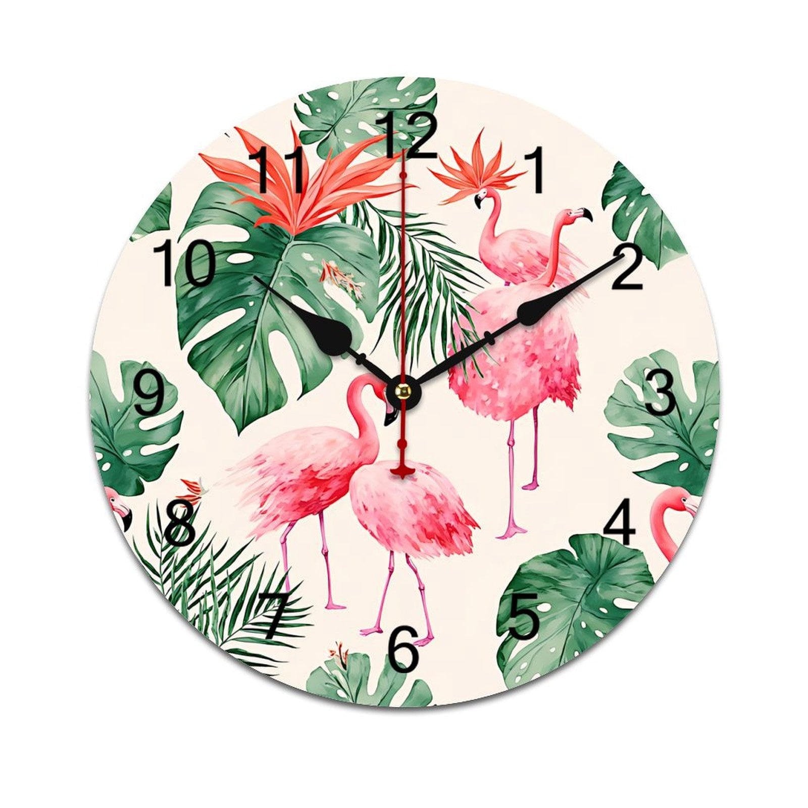 Pink Flamingos Tropical Leaves And Flower Printed Silent Wall Clock ...