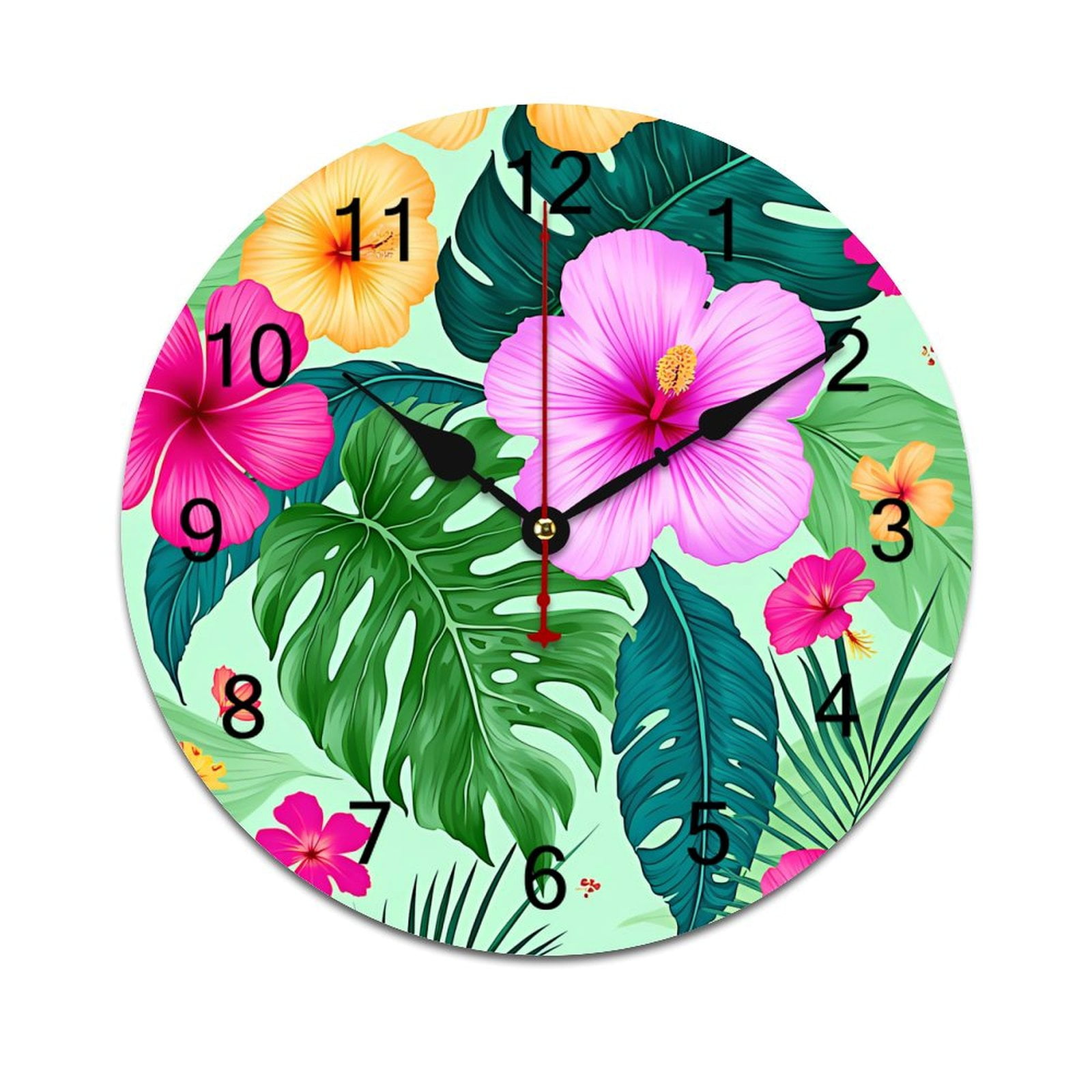 Pink Flamingos Tropical Leaves And Flower Printed Silent Wall Clock ...