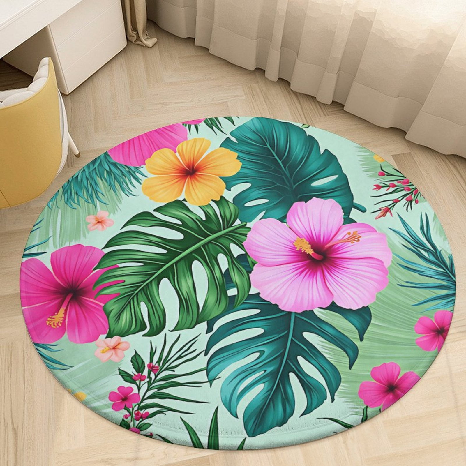 Pink Flamingos Tropical Leaves And Flower Round Area Rugs for Bedroom ...