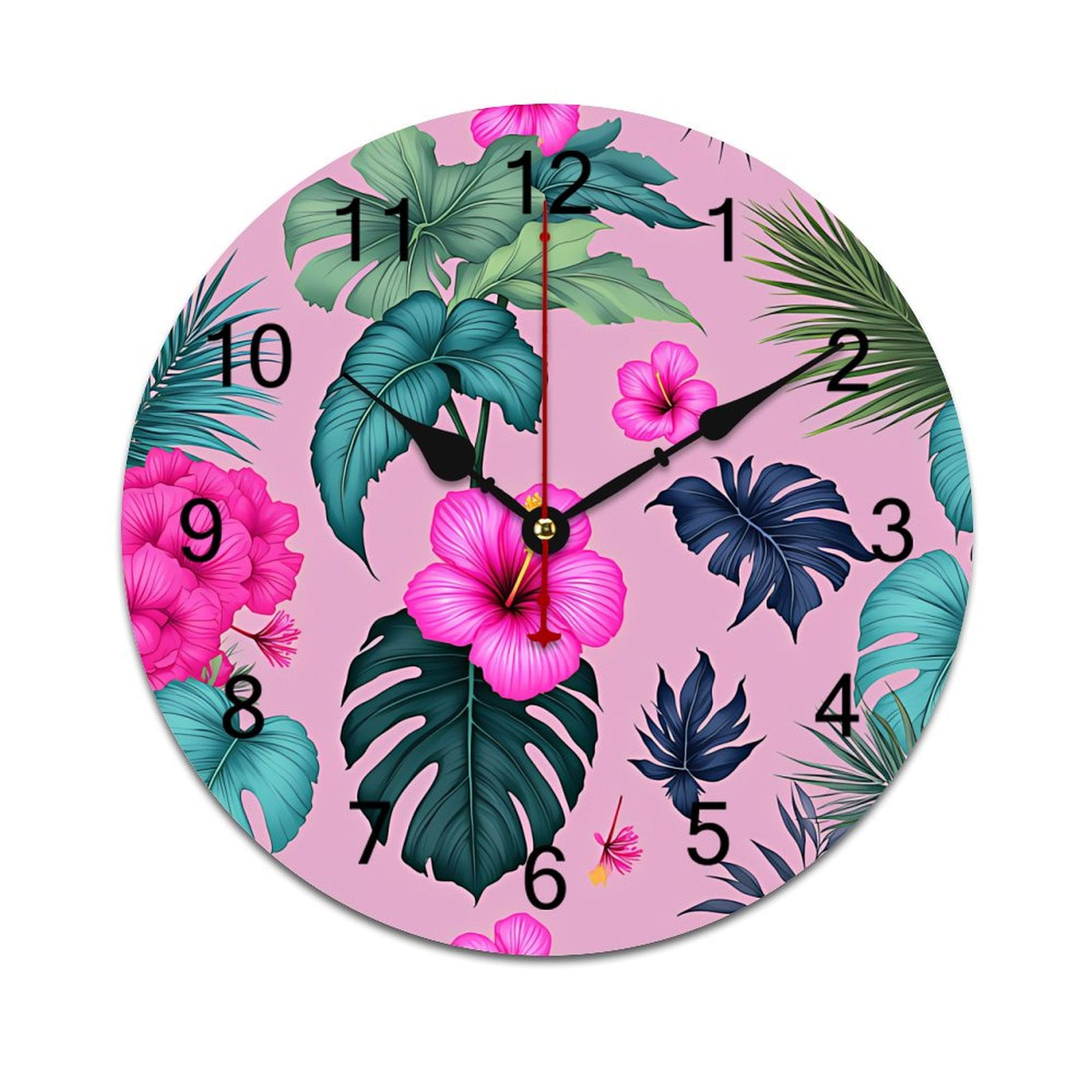 Pink Flamingos Tropical Leaves And Flower Word Saying Big Wall Clock ...