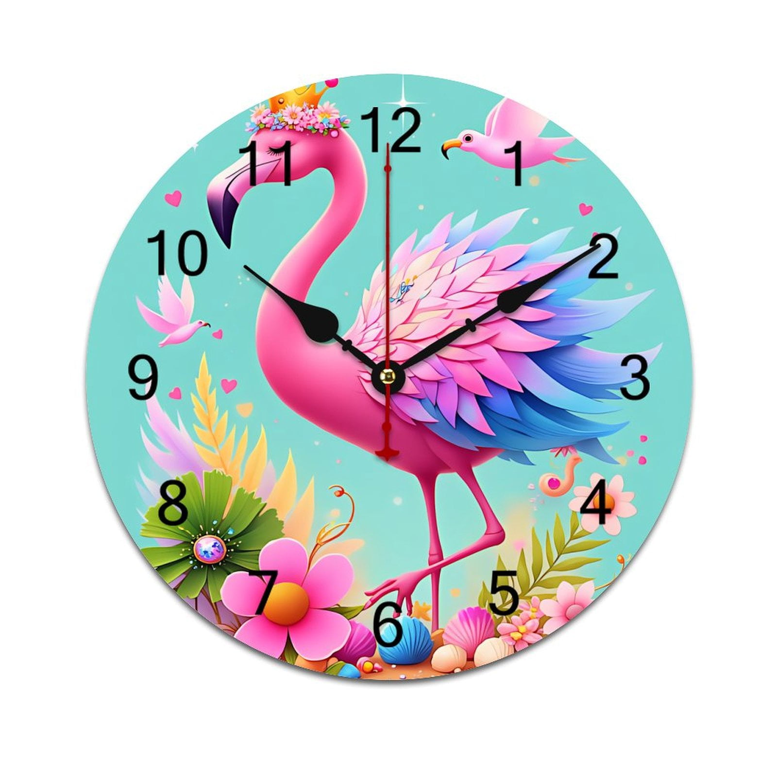 Pink Flamingos Tropical Leaves And Flower Word Saying Big Wall Clock ...
