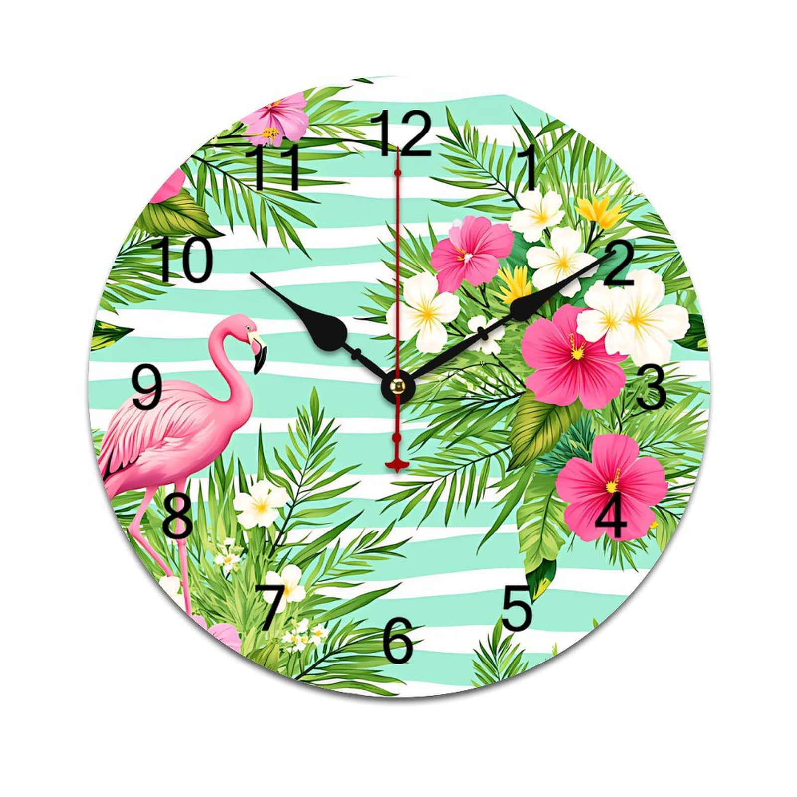 Pink Flamingos Tropical Leaves And Flower Word Saying Big Wall Clock ...