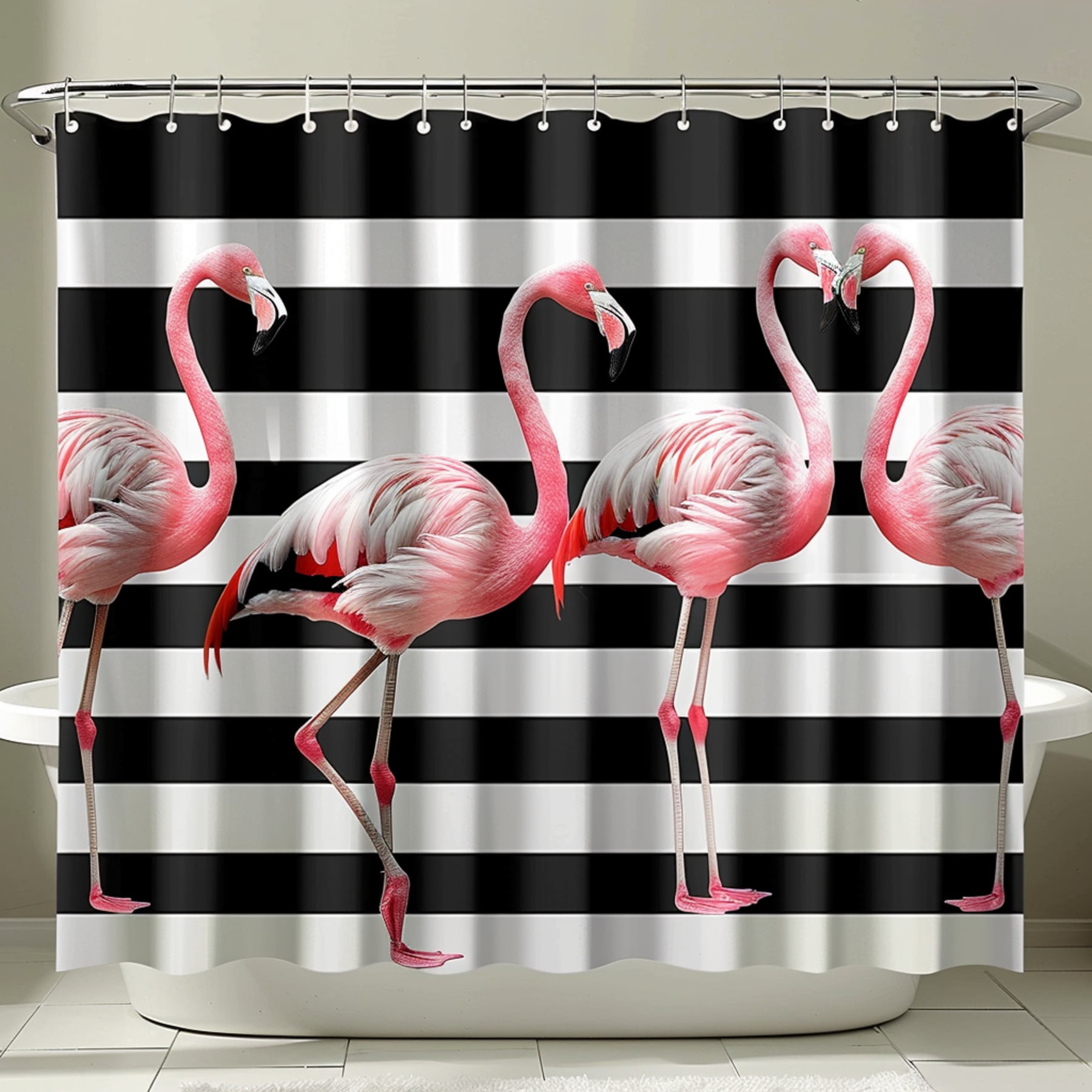 Pink Flamingos On Black And White Stripes Shower Curtain In Cartoon