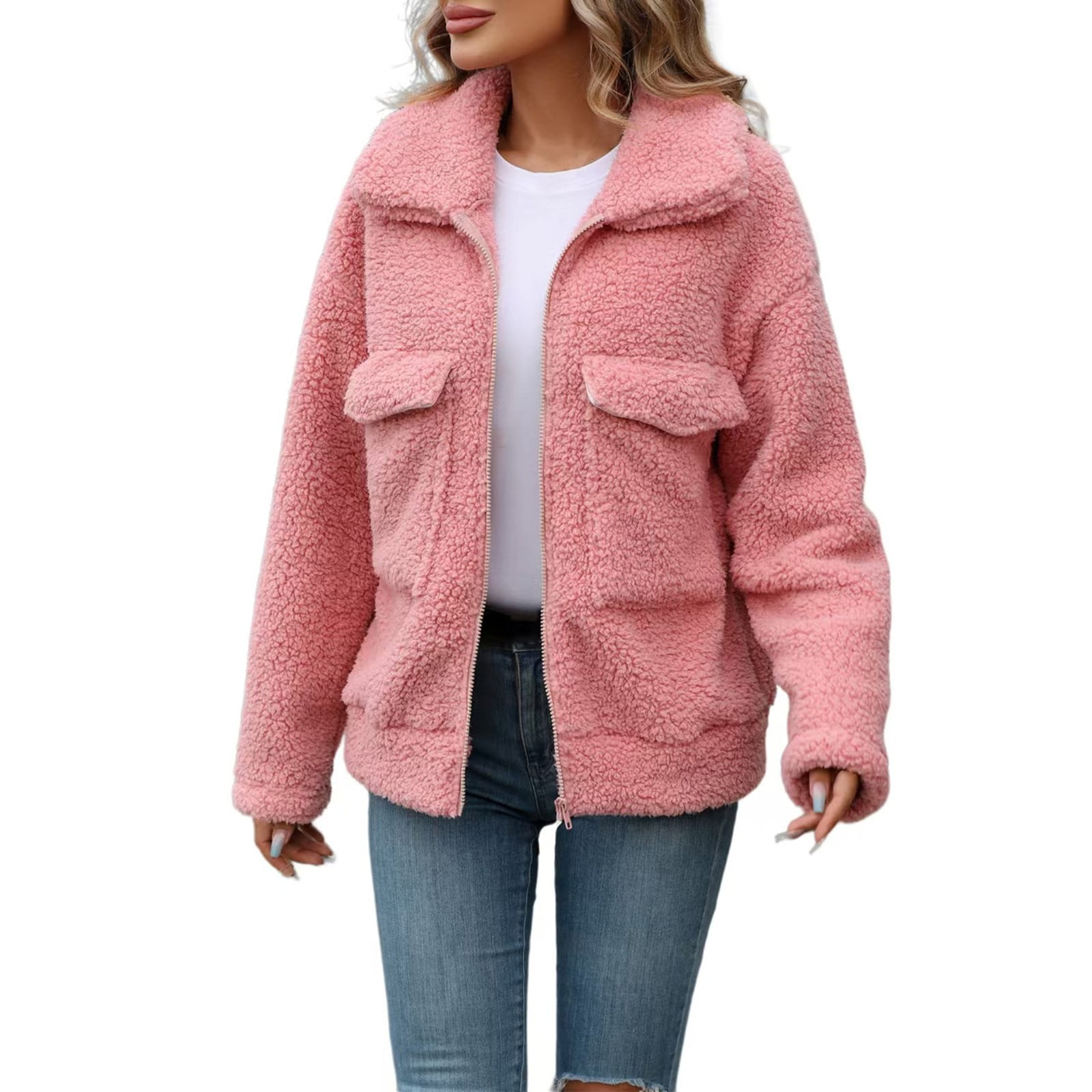 Pink Fleece Jackets for Women 2024 Fall Winter Warm Fuzzy Long Sleeve ...