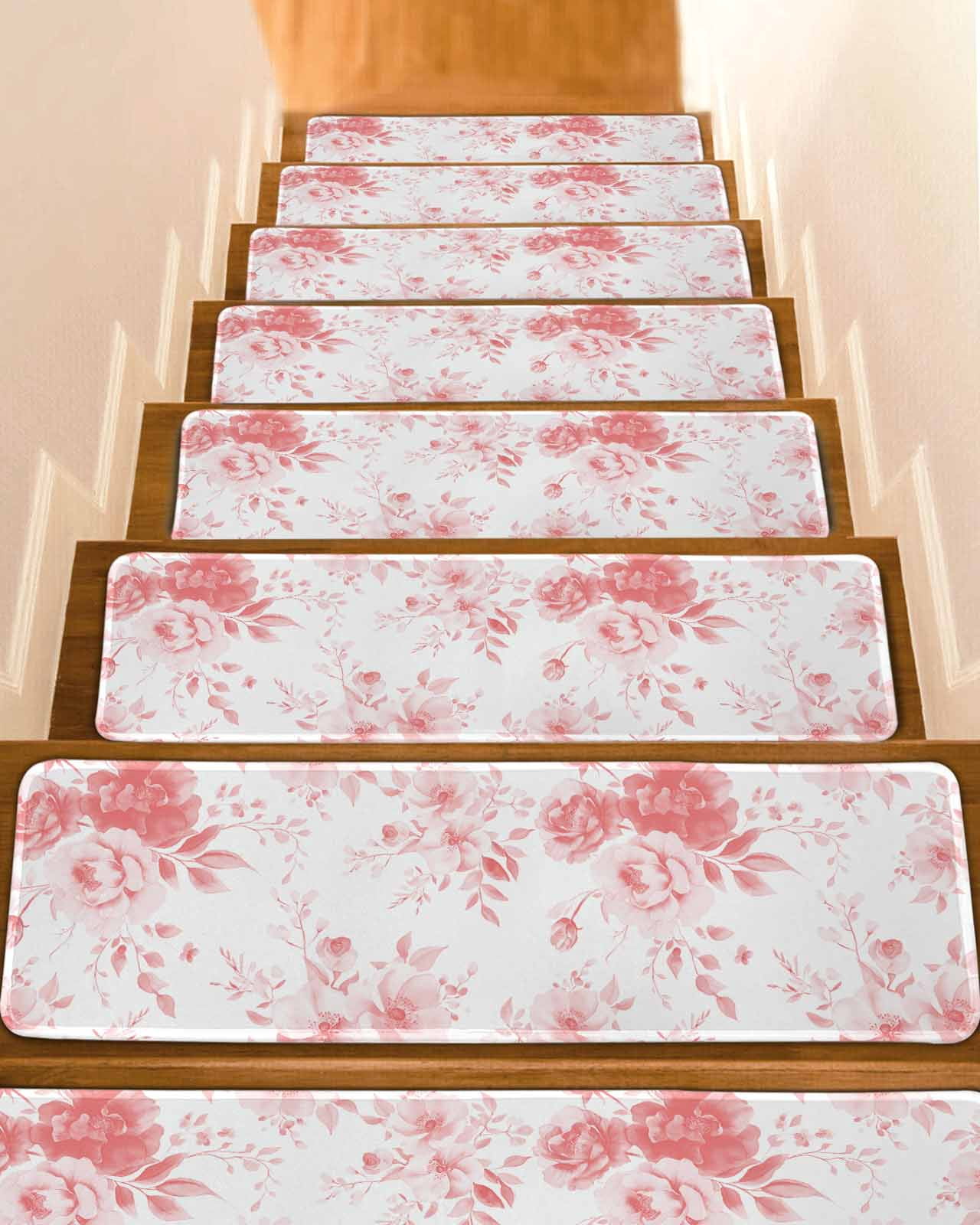 Pink Floral Art Stair Treads for Wooden Steps Indoor Runner Rug Carpet ...