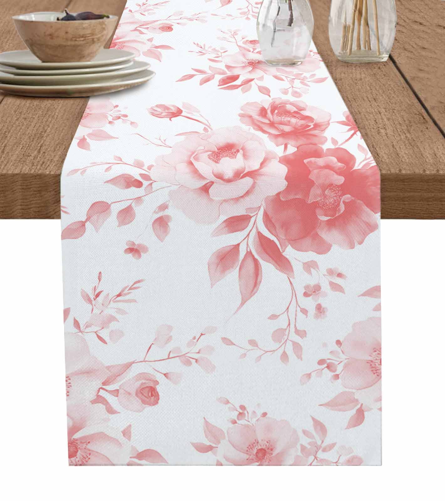 Pink Floral Art Table Runner Watercolor Botanical Spring Flowers ...
