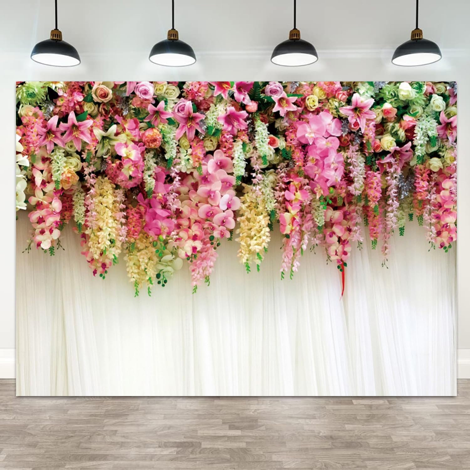 Pink Floral Backdrop White Curtain Wedding Reception Photography ...