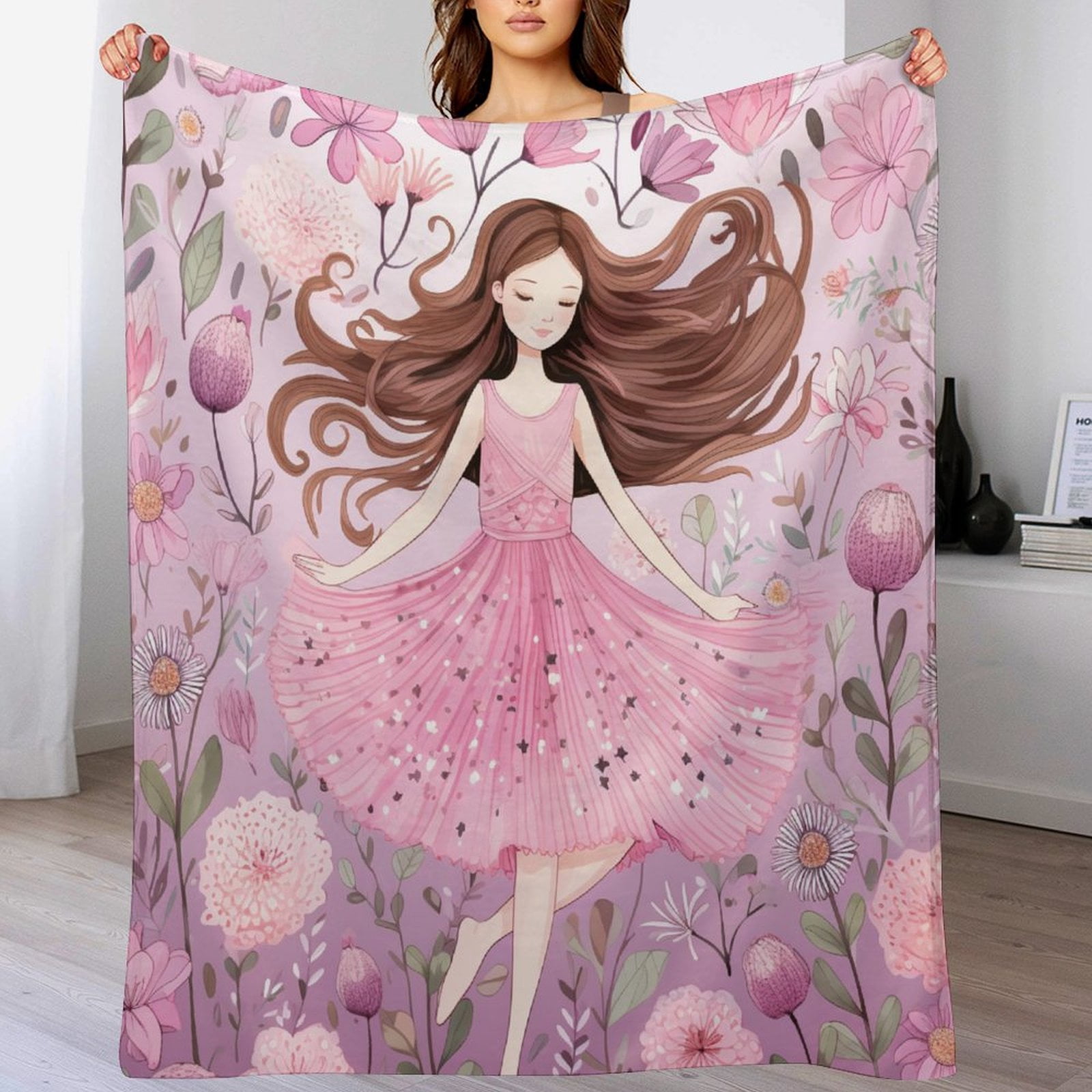 Pink Floral Ballerina Brown Hair Girl Throw Blanket for Bed Sofa Couch ...