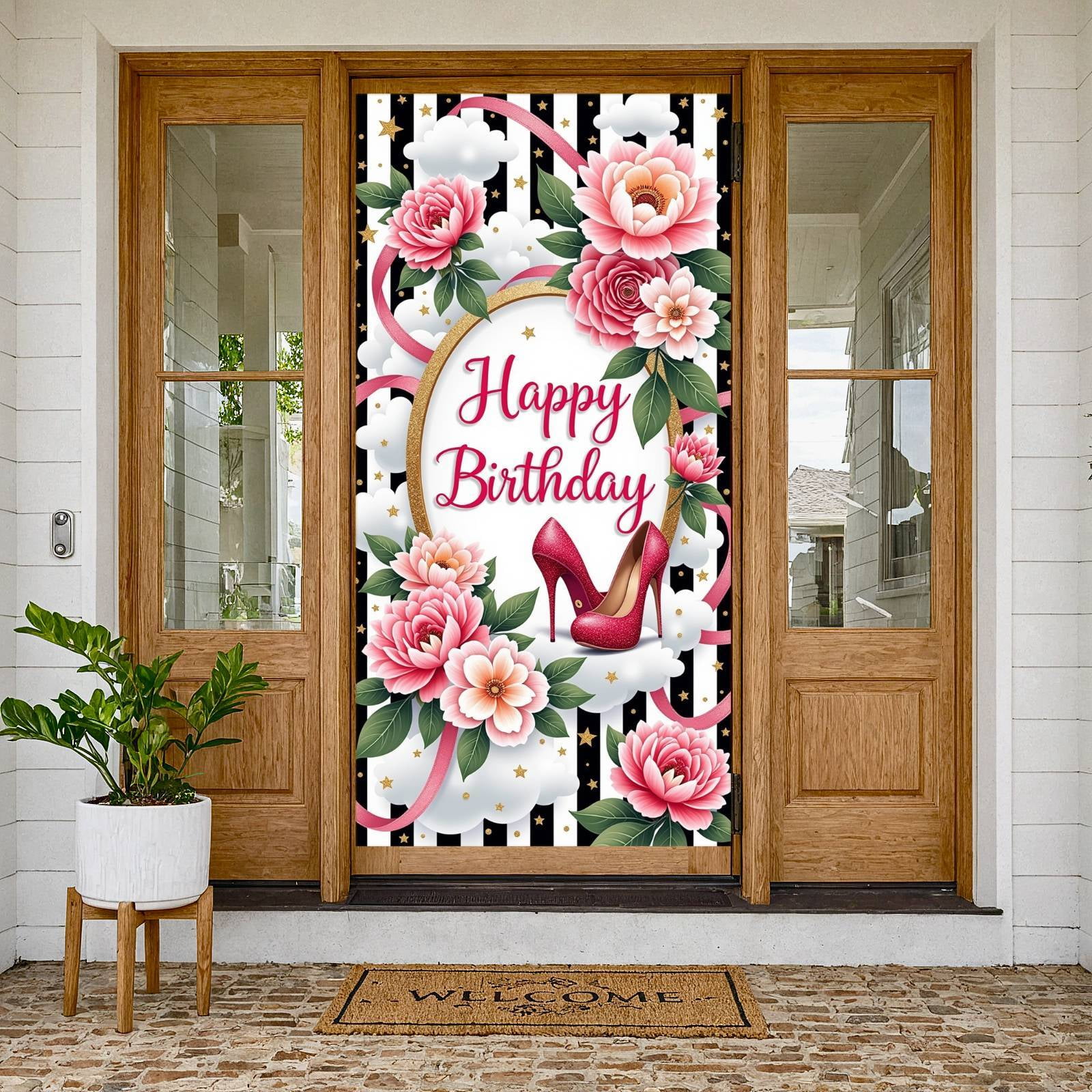 Pink Floral Banner Gold Stars Floral Birthday Display Red High Heels ...